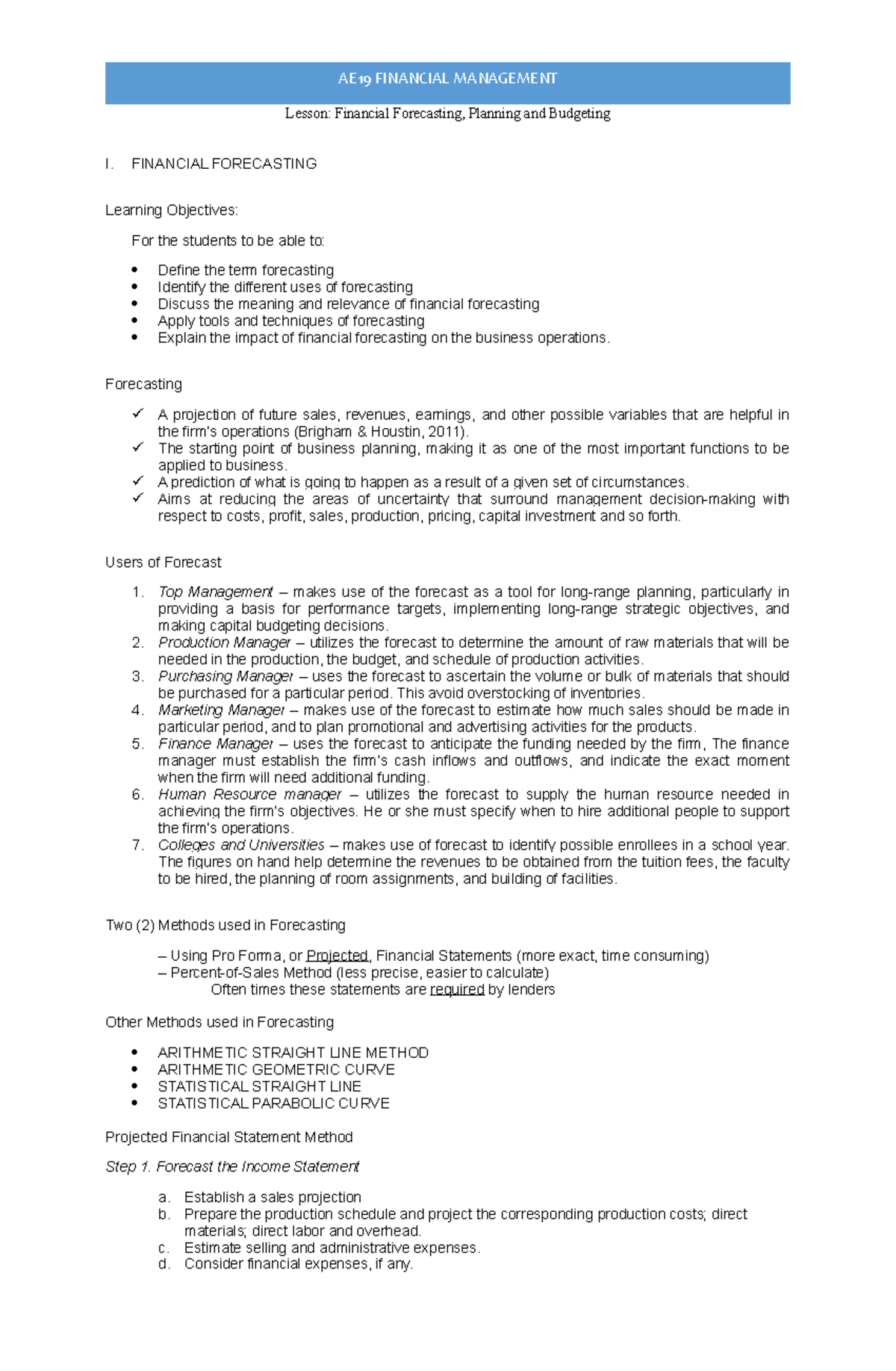 Financial Forecasting, Planning, and Budgeting: Lesson Overview - Studocu