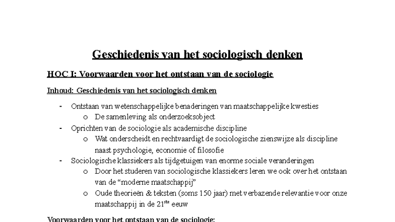 Geschiedenis van het Sociologisch Denken HOC I: Ontstaan en Invloeden ...