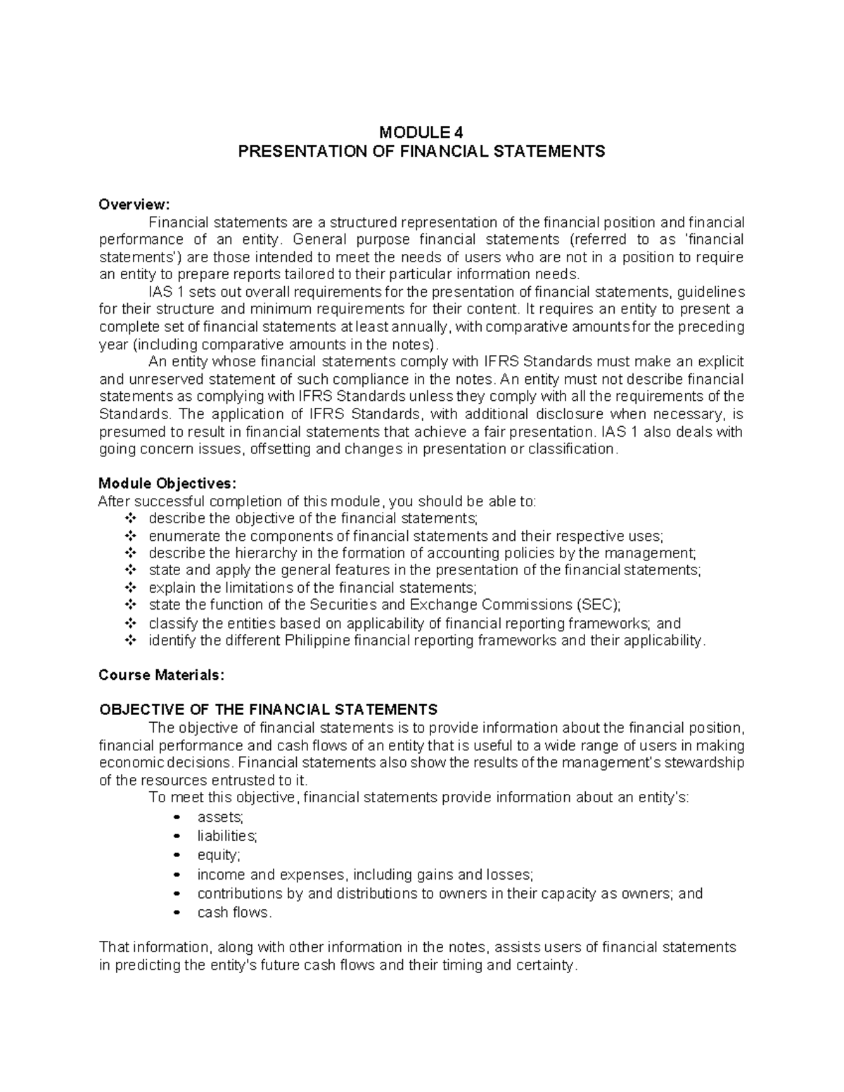 Module 4: Components of Financial Statements & Their Presentation - Studocu