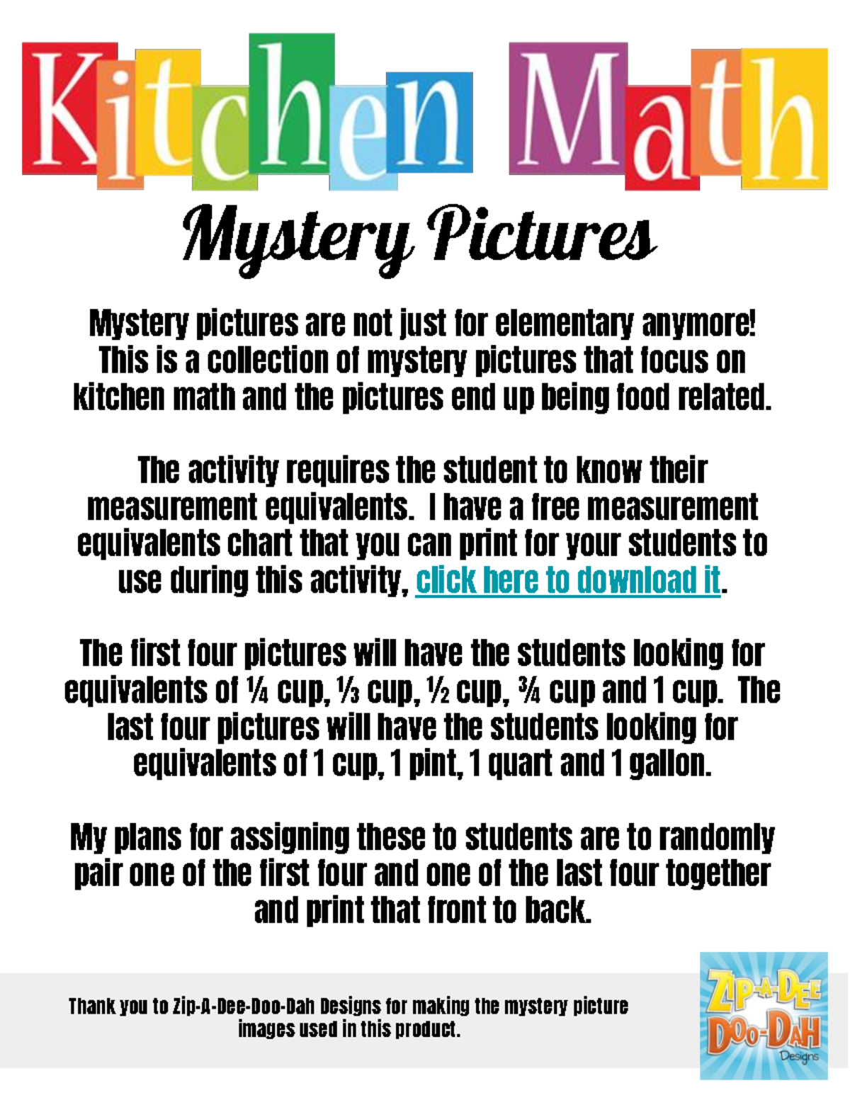 Kitchen Math Mystery Pictures Activity: Measurements & Equivalents (FCS ...