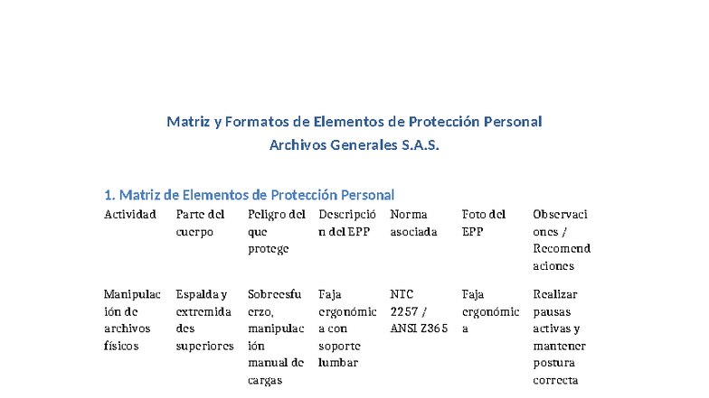 Matriz y Formatos de EPP - Archivos Generales S.A.S. - Studocu