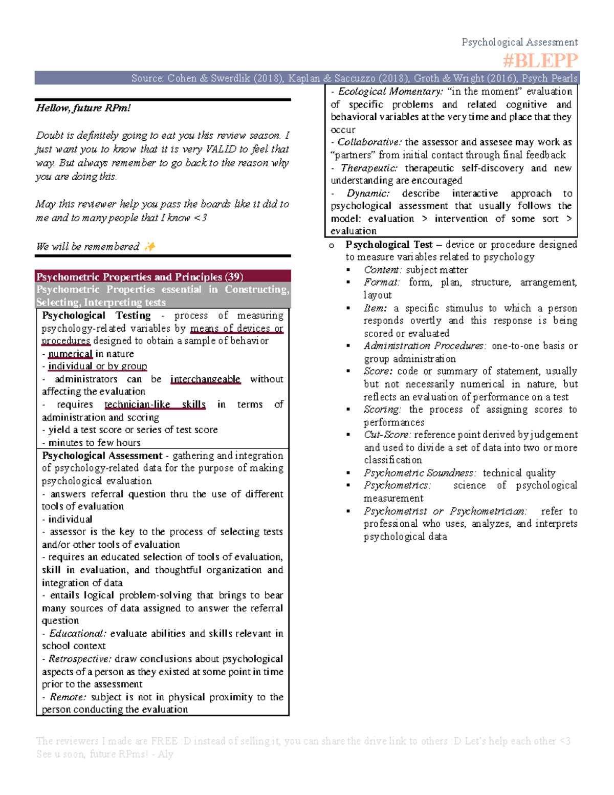 TOS Outline Psychological Assessment - #BLEPP Source: Cohen & Swerdlik ...