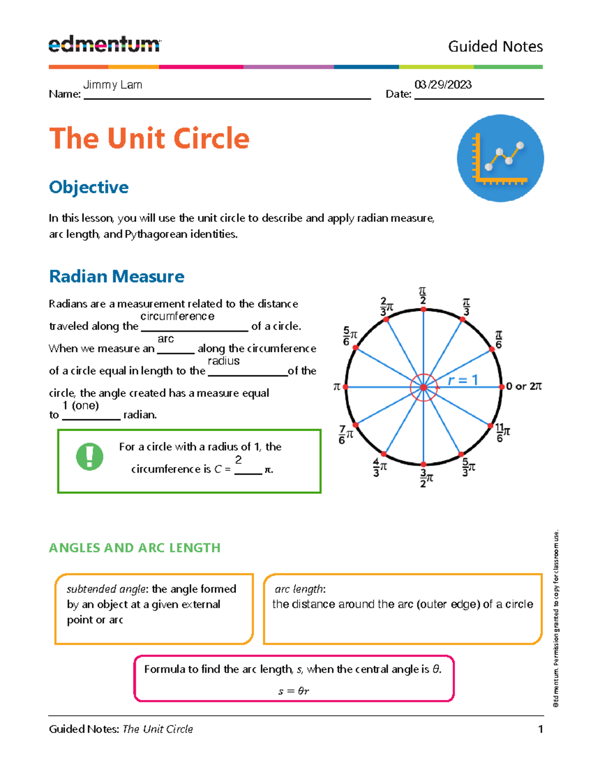 Unit Circle Concepts: Radian Measure, Arc Length, and Identities - Studocu