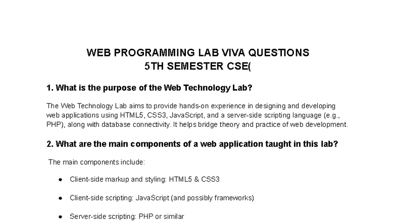 WEB PROGRAMMING LAB VIVA QUESTIONS - 5TH SEM CSE - Studocu