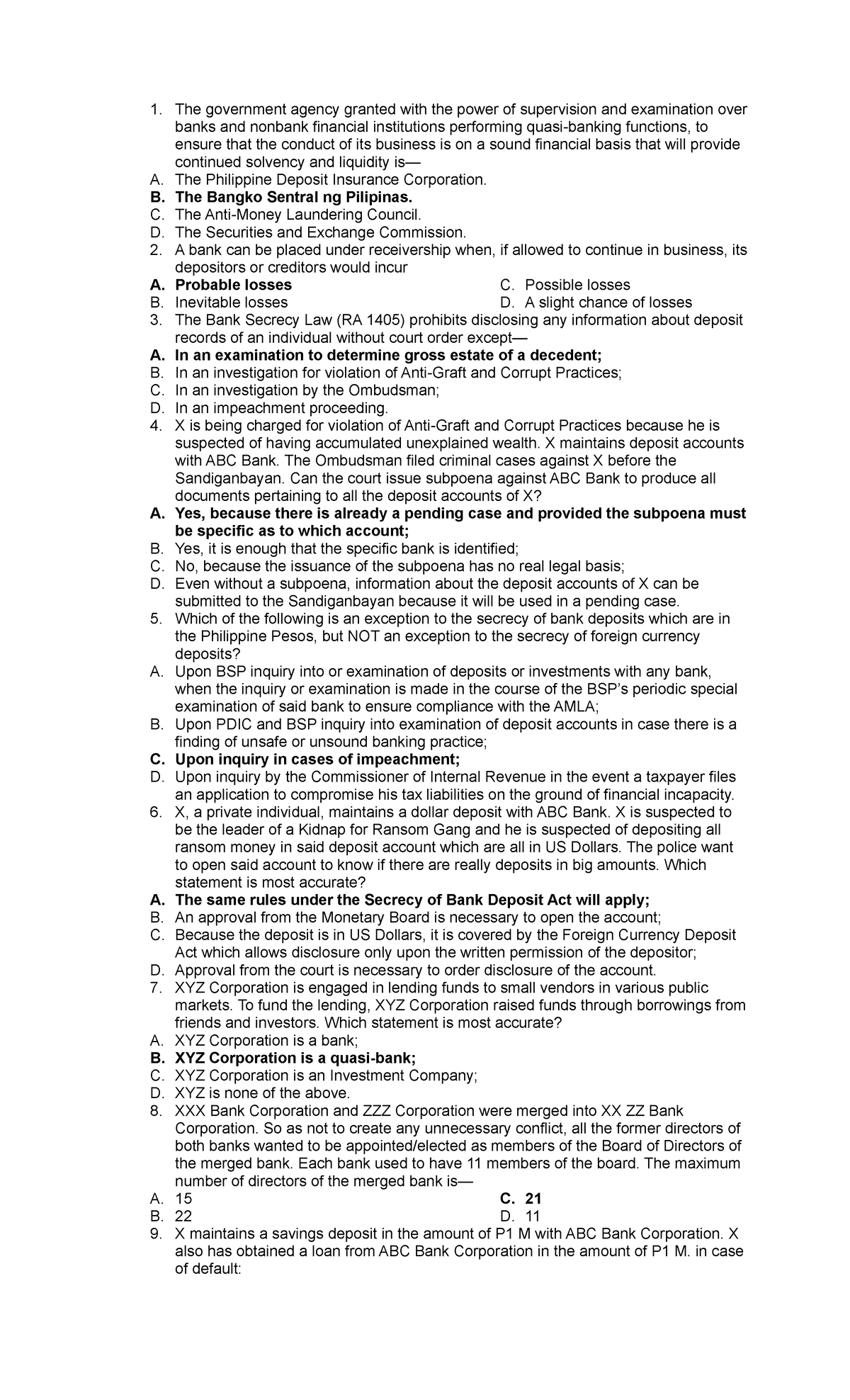 RFBT Drill 3: Special Laws on Banking and Financial Regulations - Studocu