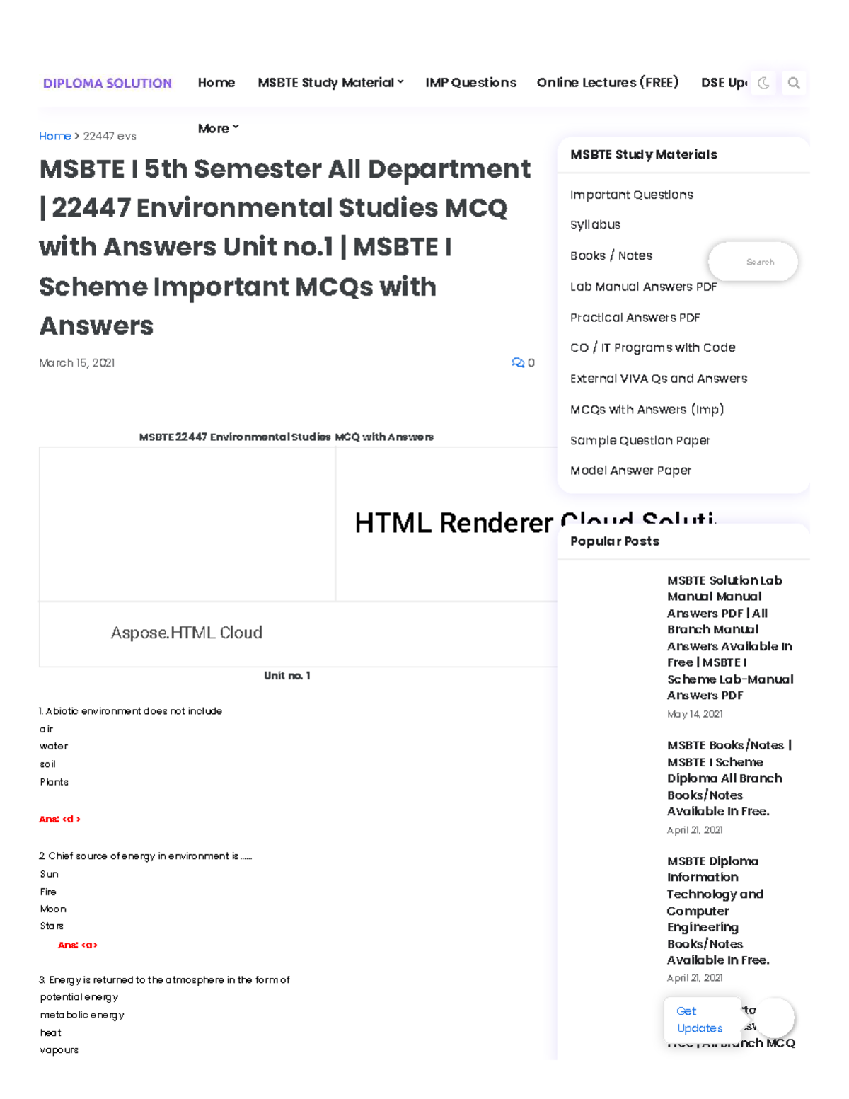 22447 Environmental Studies Unit 1 Important MCQs and Answers - Studocu