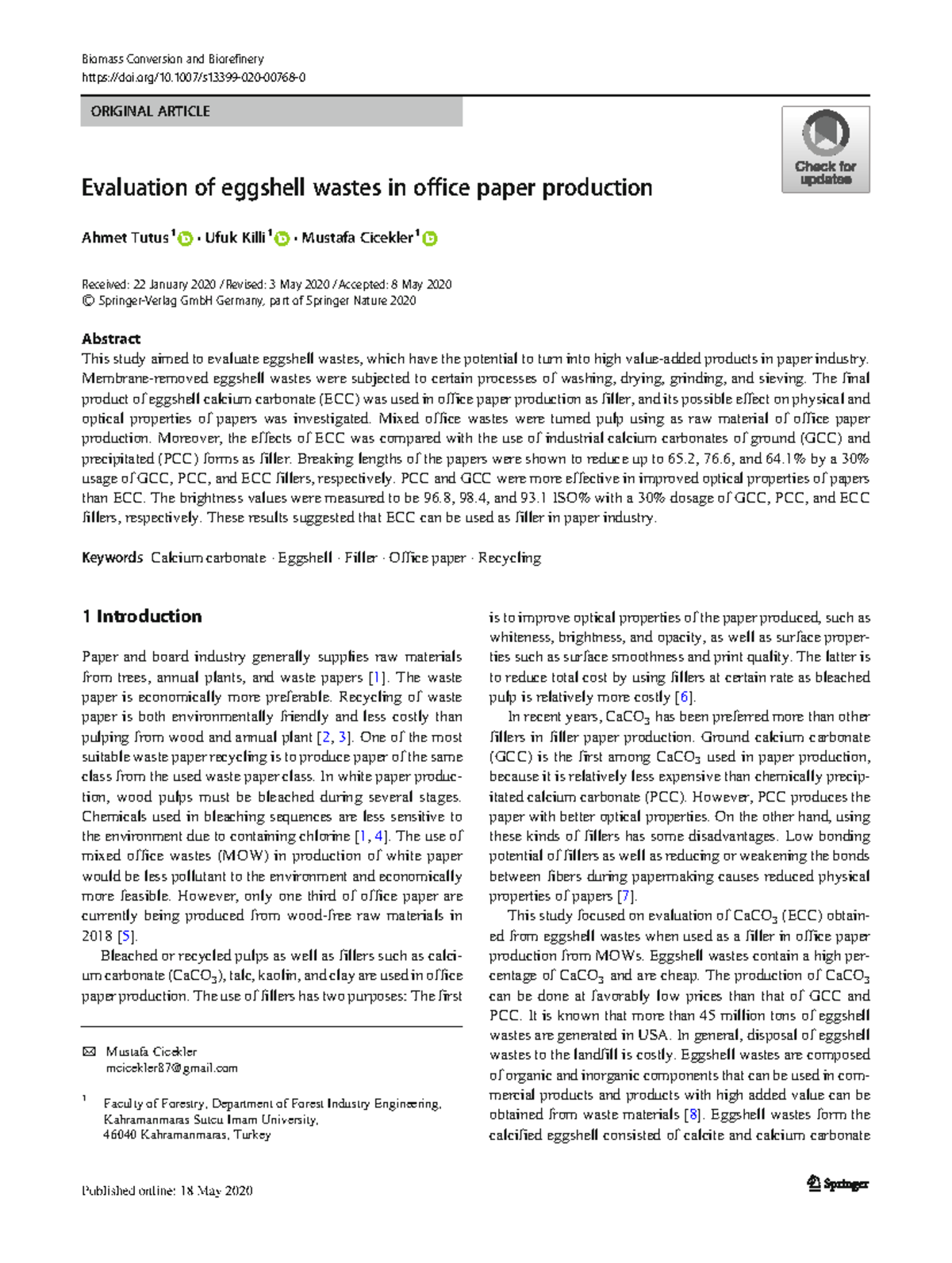Evaluation of eggshell wastes in office paper production - ORIGINAL ...