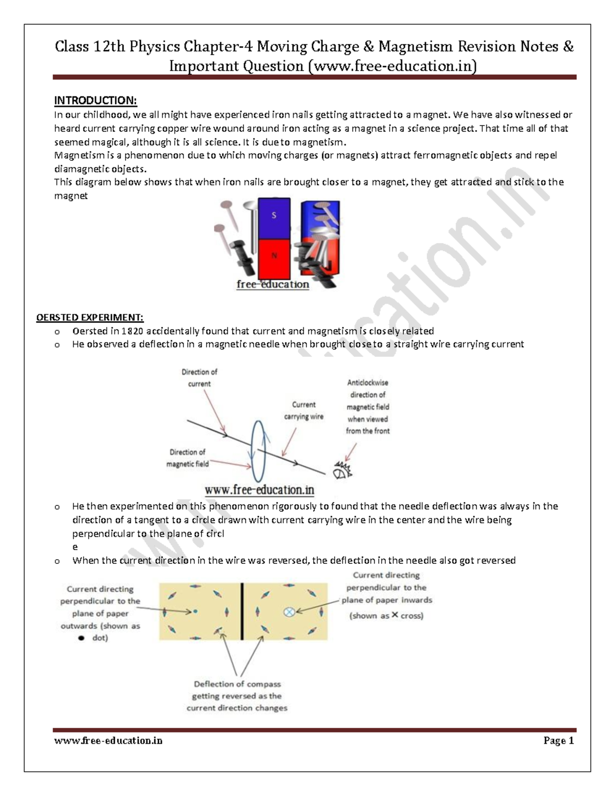 Class 12 Physics Chapter 4 - Moving Charges & Magnetism Revision Notes ...