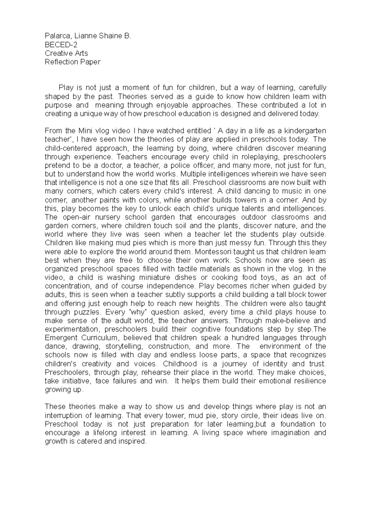 Creative Arts Reflection Paper: The Role of Play in Preschool Learning - Studocu