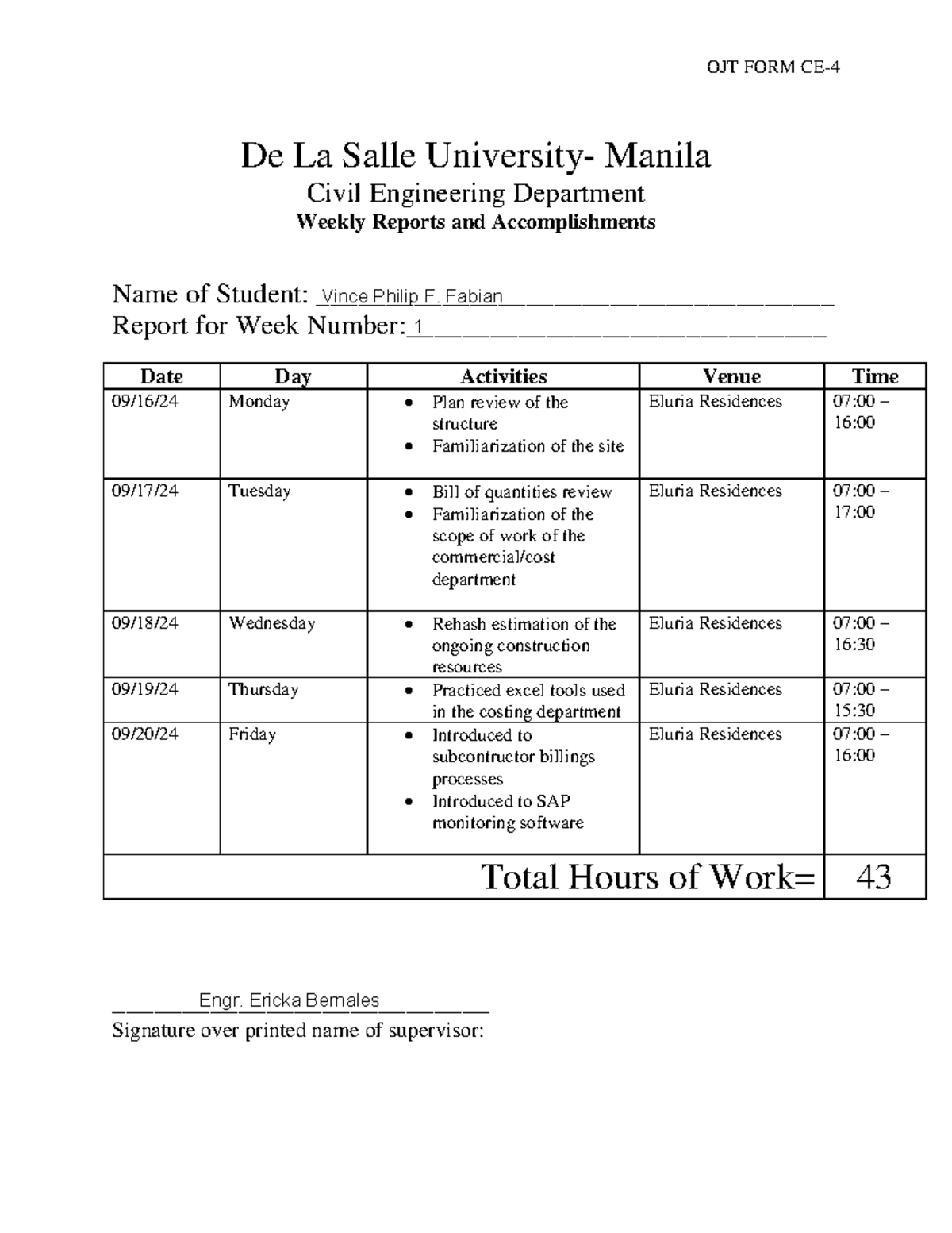 OJT Week 1 Report - Civil Engineering (CE 101) at De La Salle Manila ...
