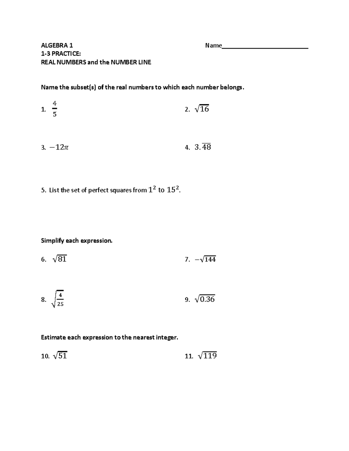 Algebra 1: 1-3 Practice on Real Numbers & Number Line - Studocu