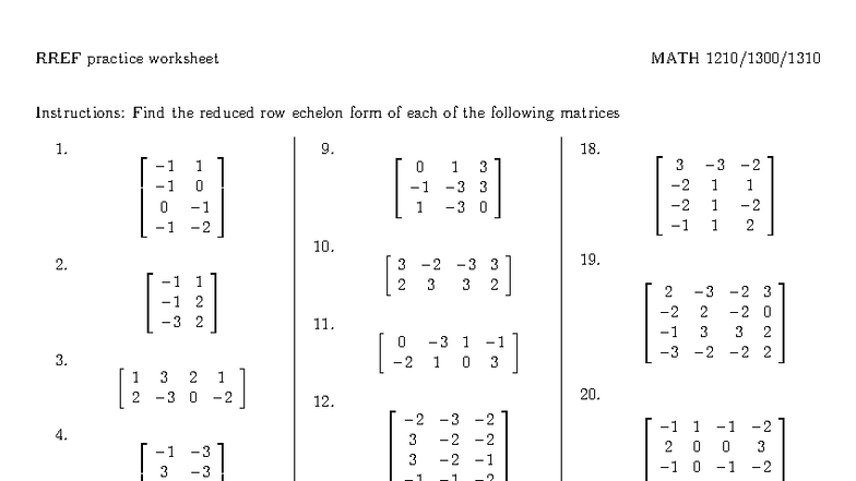 RREF Practice Worksheet Solutions - MATH 1210/1300/1310 - Studocu