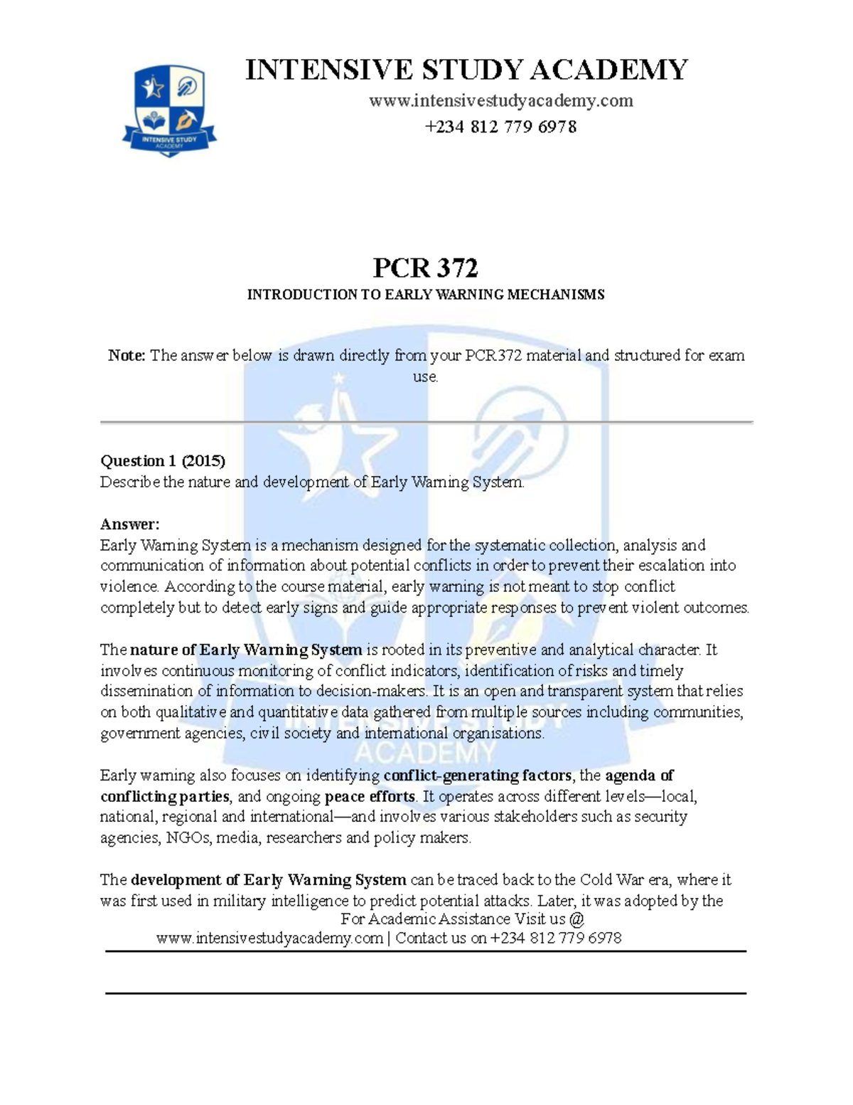 PCR 372 Final Exam Notes: Early Warning Systems & Conflict Management ...