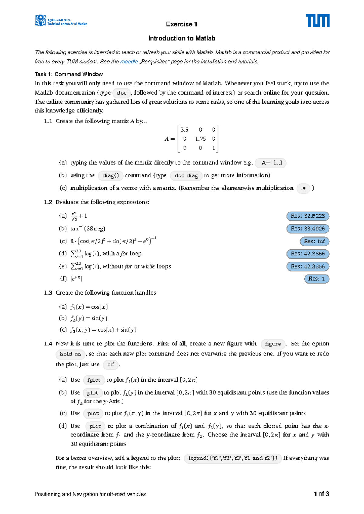 TUM Agrimechatronics Exercise 1: Intro to Matlab Techniques - Studocu