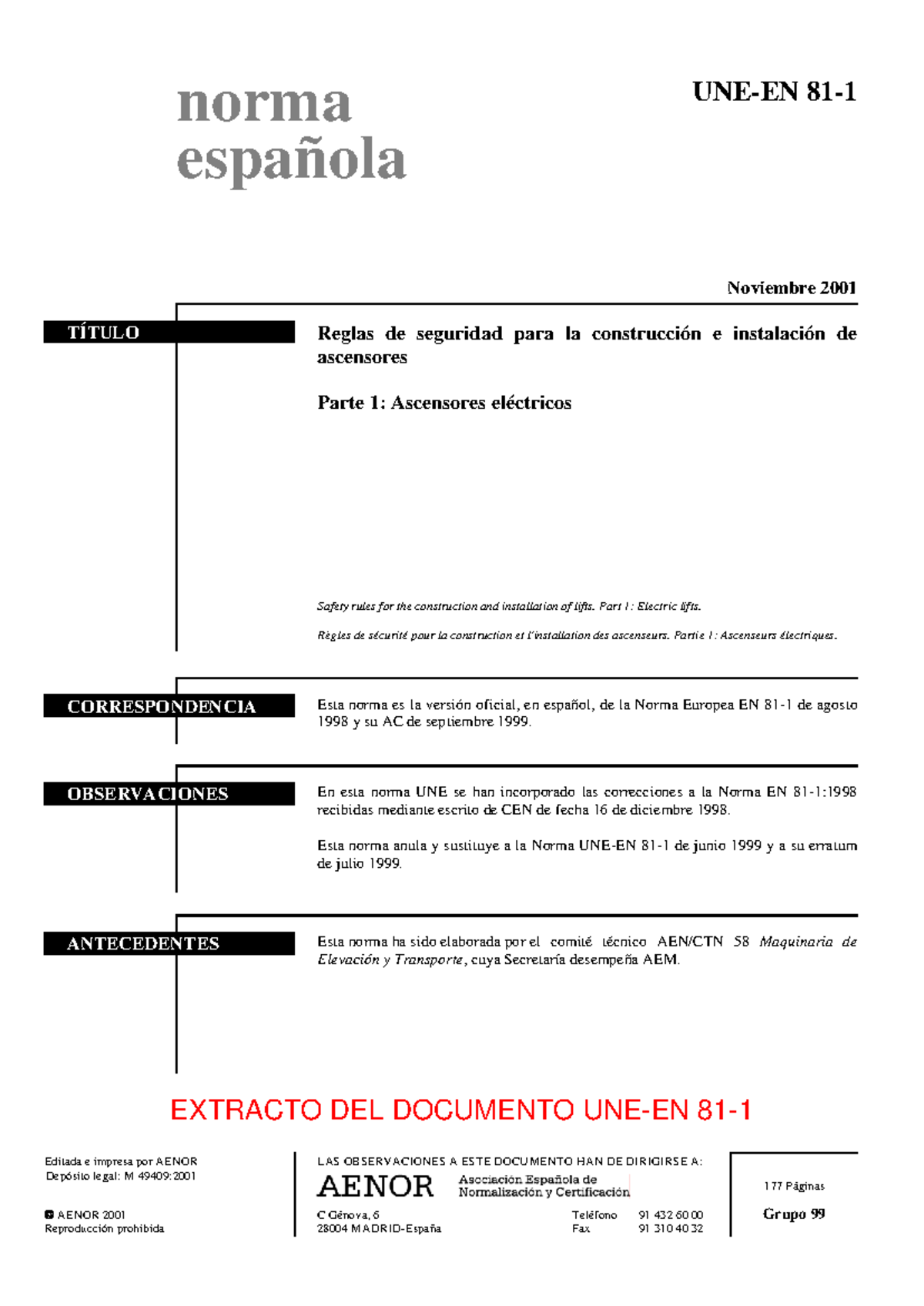(EX)UNE-EN 81-1:2001 - Reglas de Seguridad para Ascensores Eléctricos ...