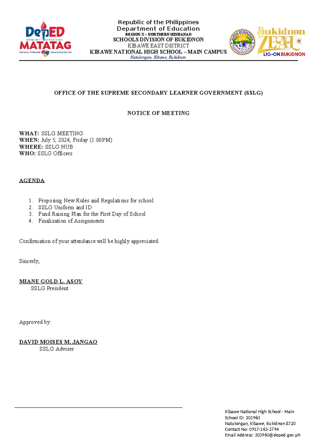 SSLG Meeting Notice - July 5, 2024, Kibawe National High School - Studocu
