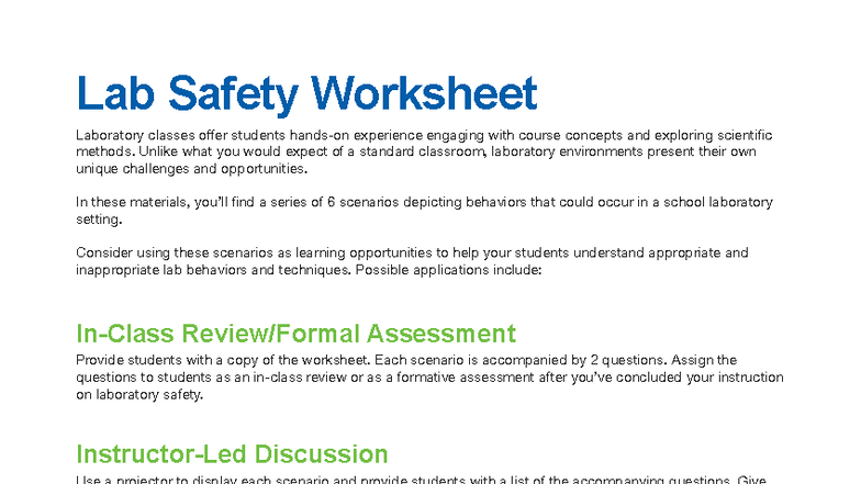 Lab Safety Worksheet (Lab 4) - Scenarios & Assessment Guide - Studocu