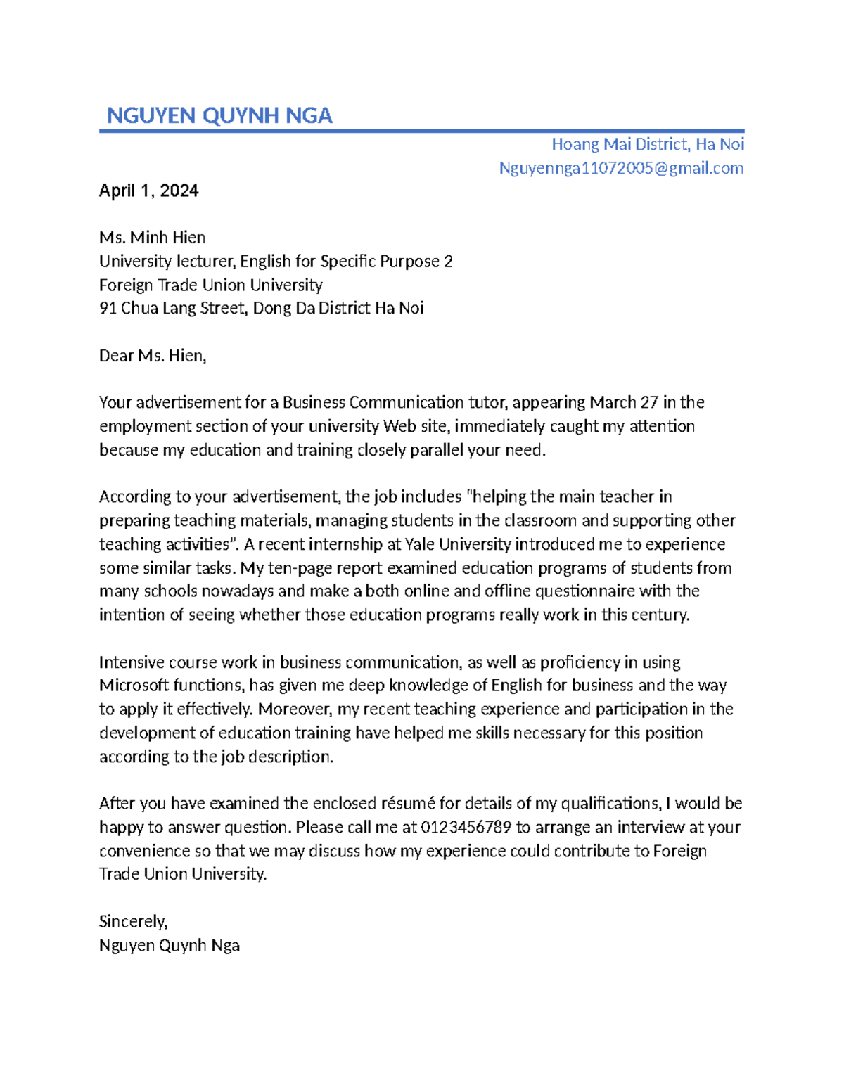 Cover Letter for Tutor - NGUYEN QUYNH NGA Hoang Mai District, Ha Noi ...