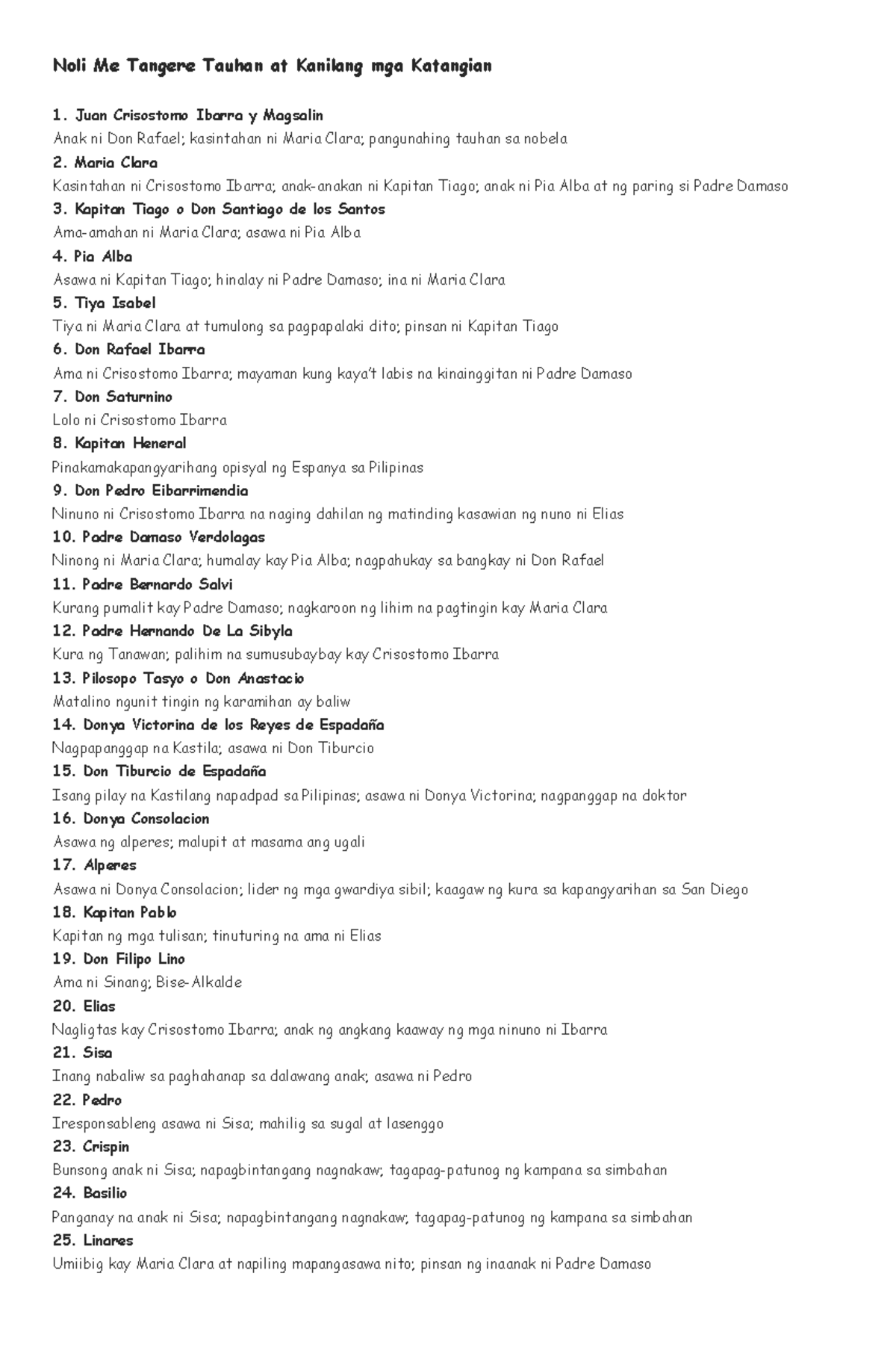 Noli Me Tangere Tauhan at Kanilang mga Katangian - Studocu