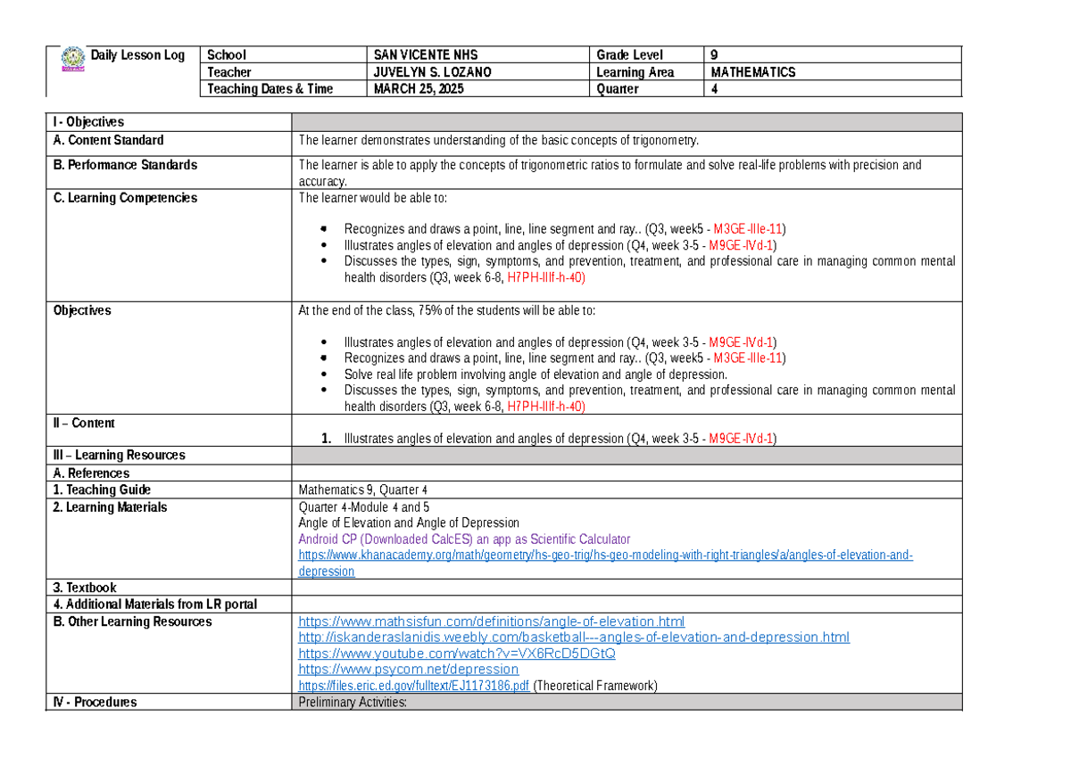 Math 9 Daily Lesson Log: Angles of Elevation & Depression (Q4) - Studocu