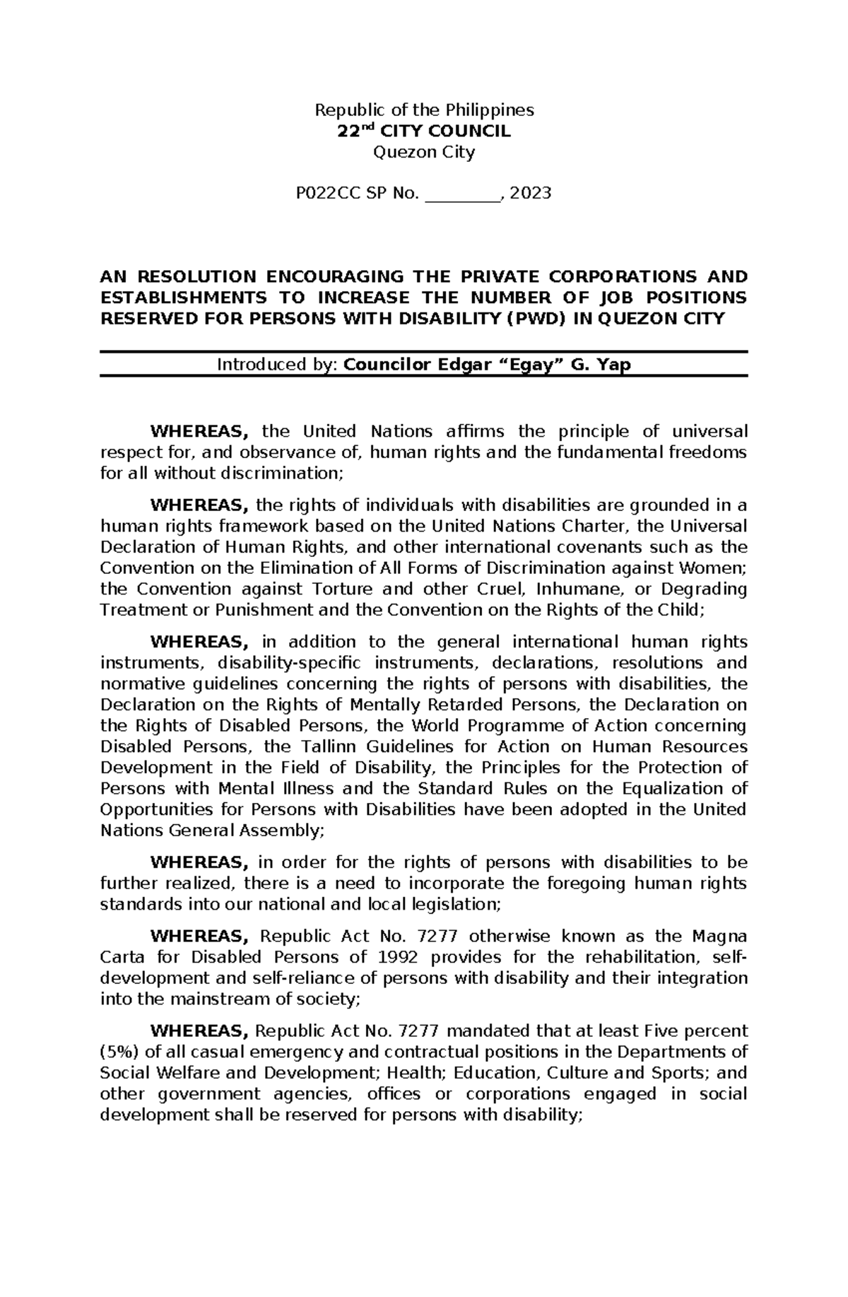 Quezon City Resolution on Expanding Job Positions for PWDs - Studocu