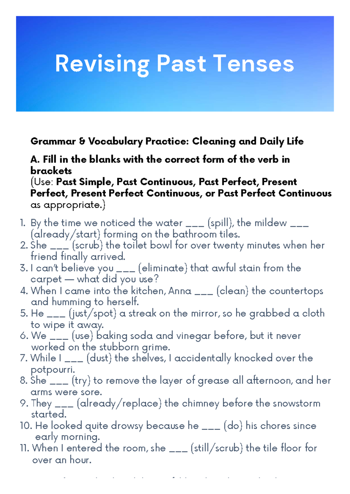Past Tenses Grammar Practice: Cleaning & Daily Life Exercises - Studocu