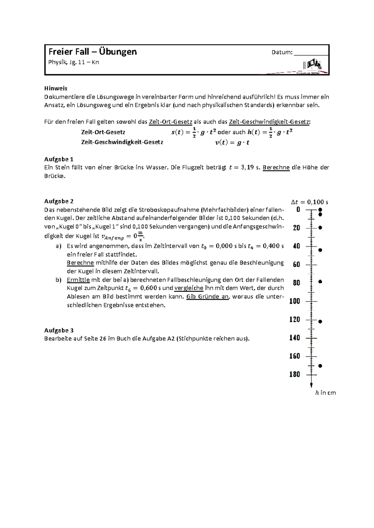 Freier Fall – Übungen (Physik Jg. 11 - Kn) mit Lösungswegen - Studocu