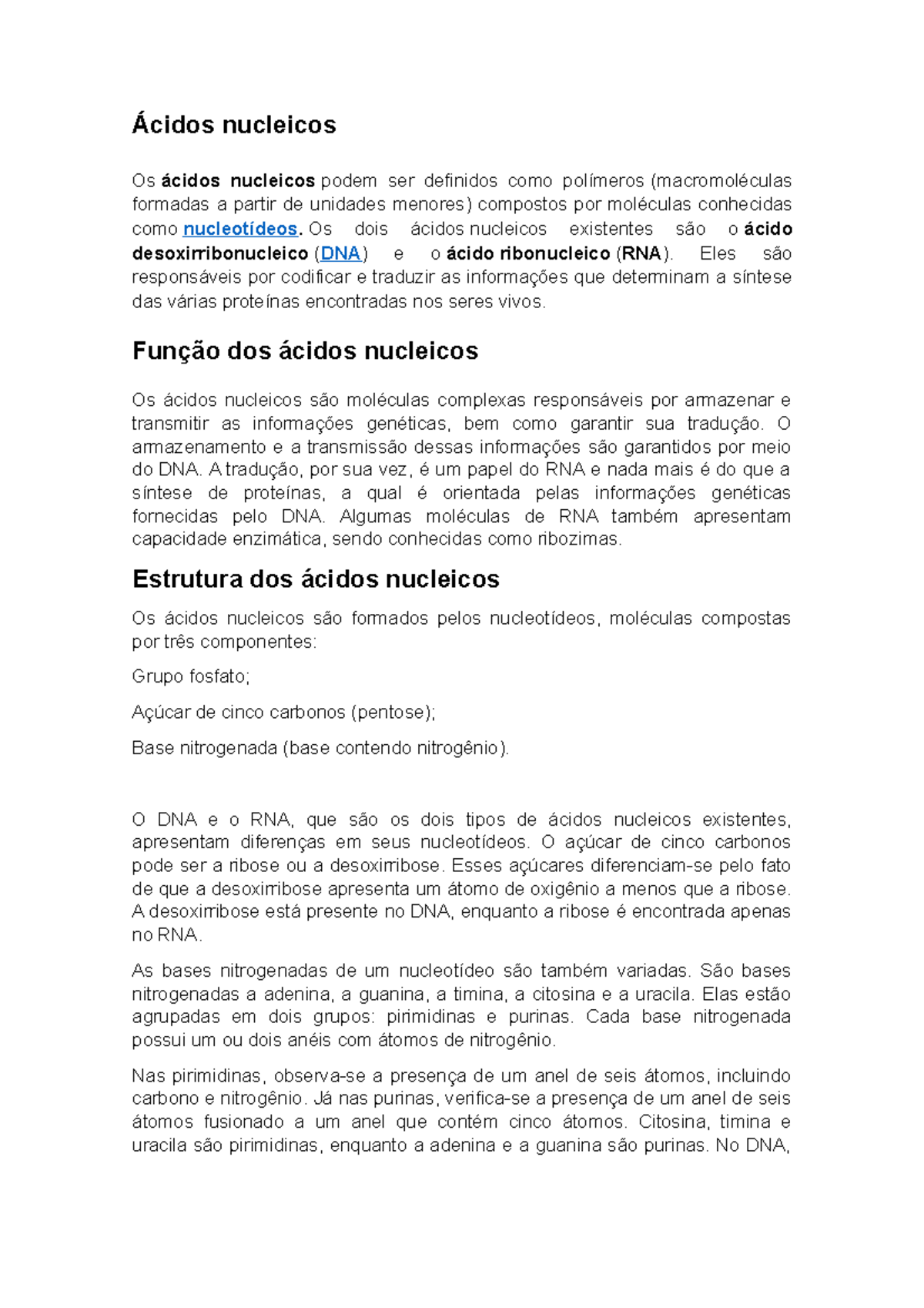 Ácidos nucleicos - Os dois ácidos nucleicos existentes são o ácido ...