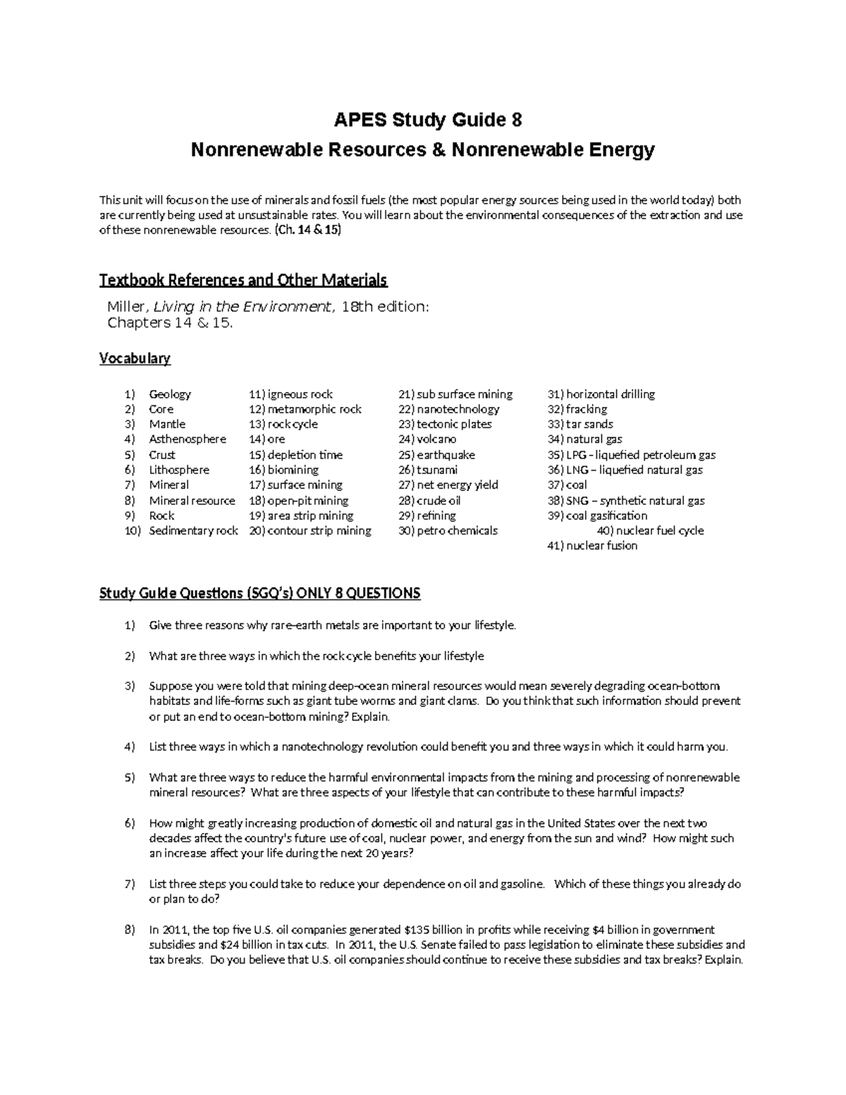 23-24 APES Unit 8 Study Guide: Nonrenewable Resources & Energy - Studocu