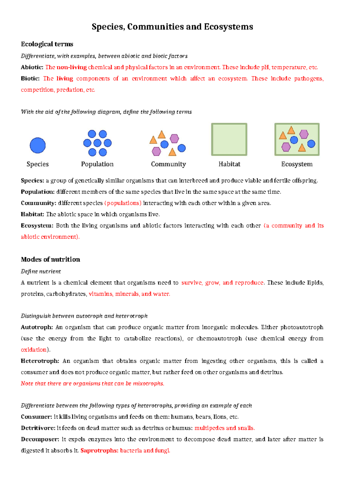 Ecology Worksheet: Understanding Species, Communities, and Ecosystems ...