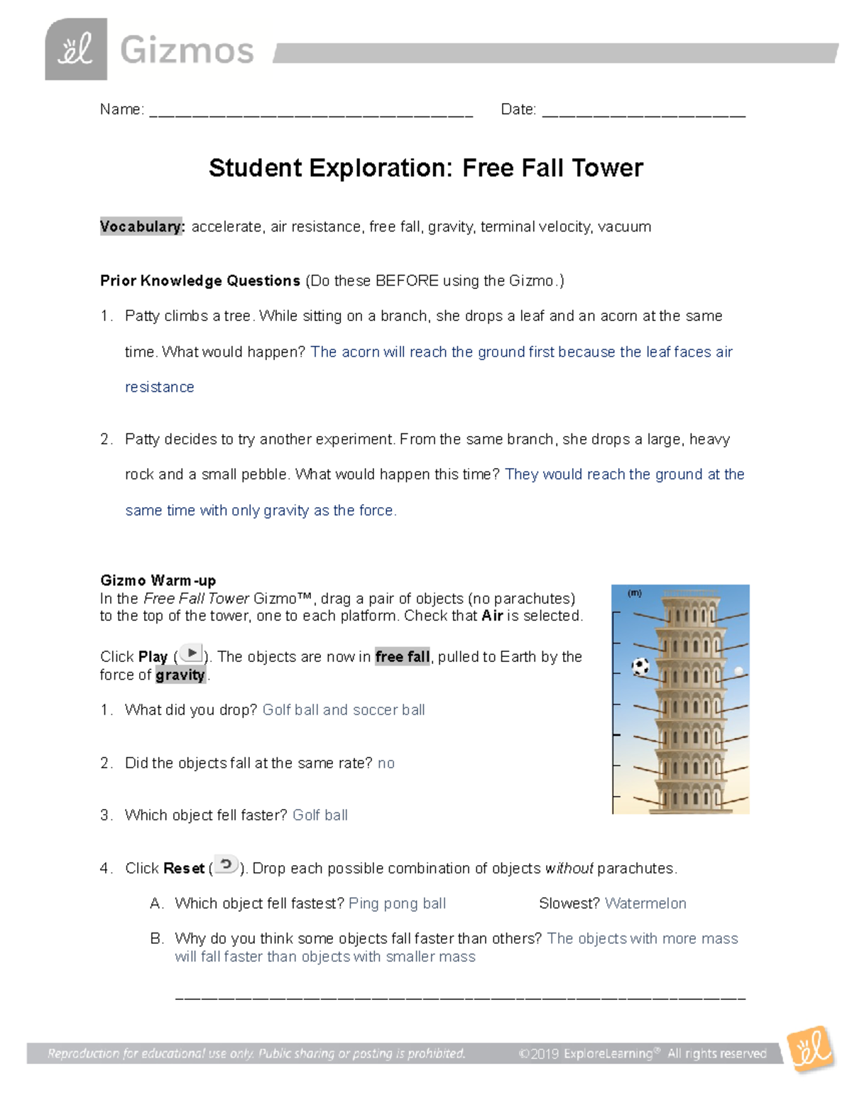 Free Fall Tower E answer - Name ...