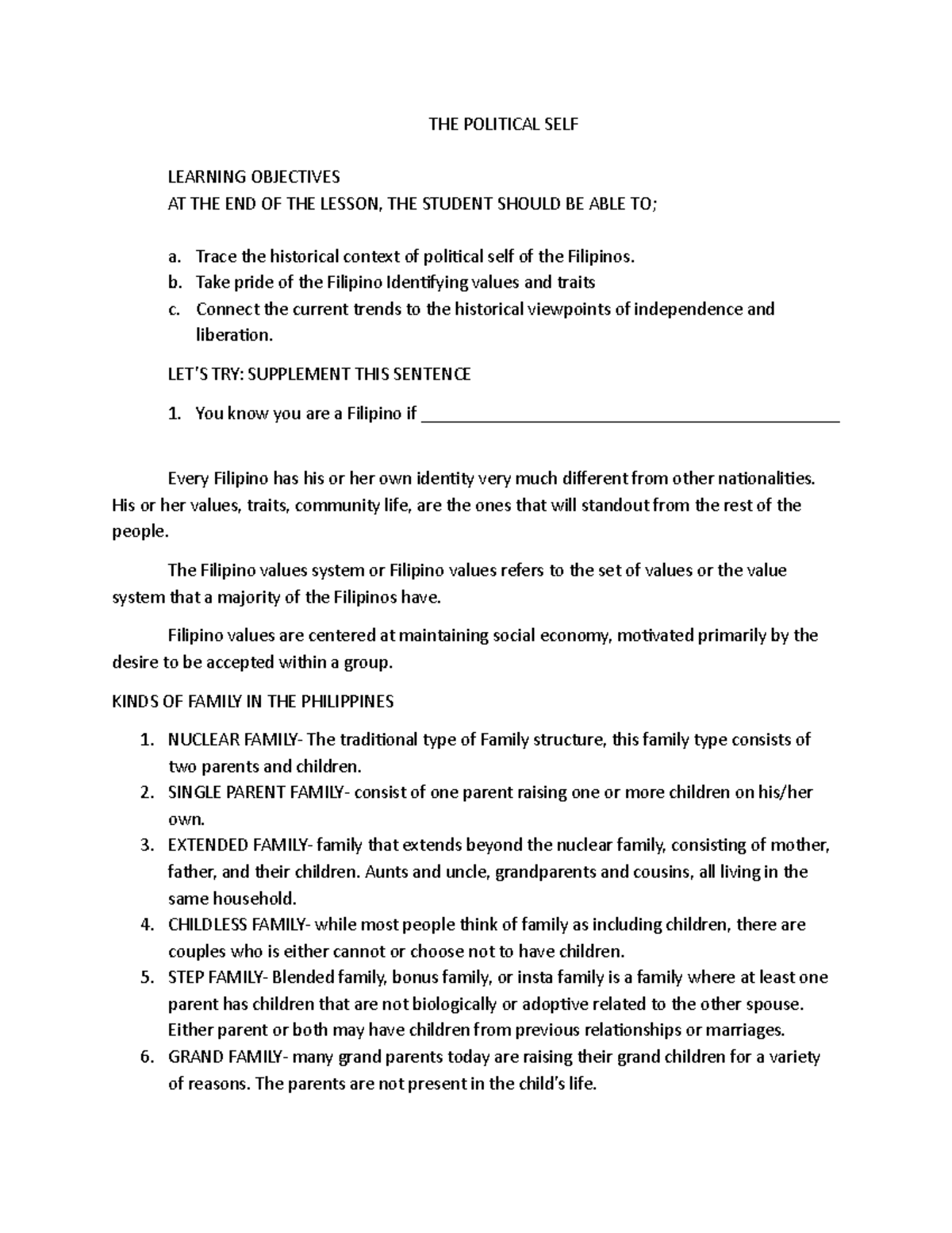 POL 101: Understanding the Political Self - Lesson Objectives and ...