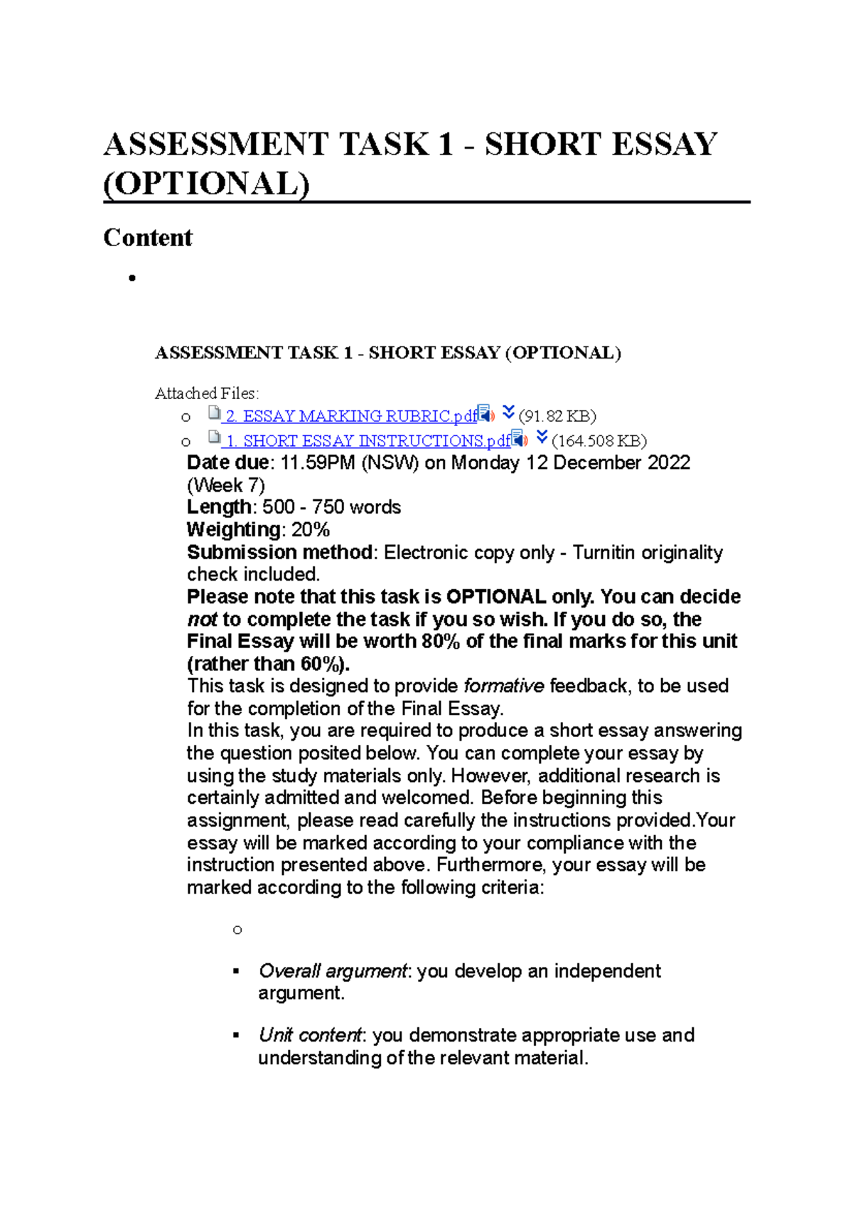 Assessment T ASK 1-3 - ASSESSMENT TASK 1 - SHORT ESSAY (OPTIONAL ...