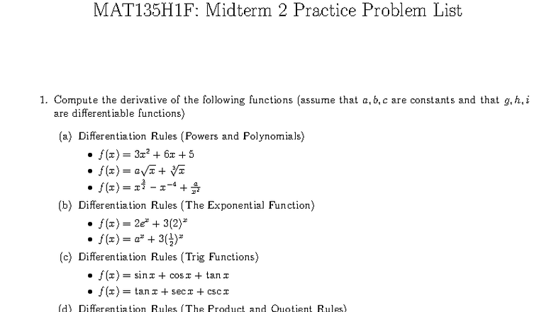 MAT135H1F: Midterm 2 Derivative Practice Problems List - Studocu