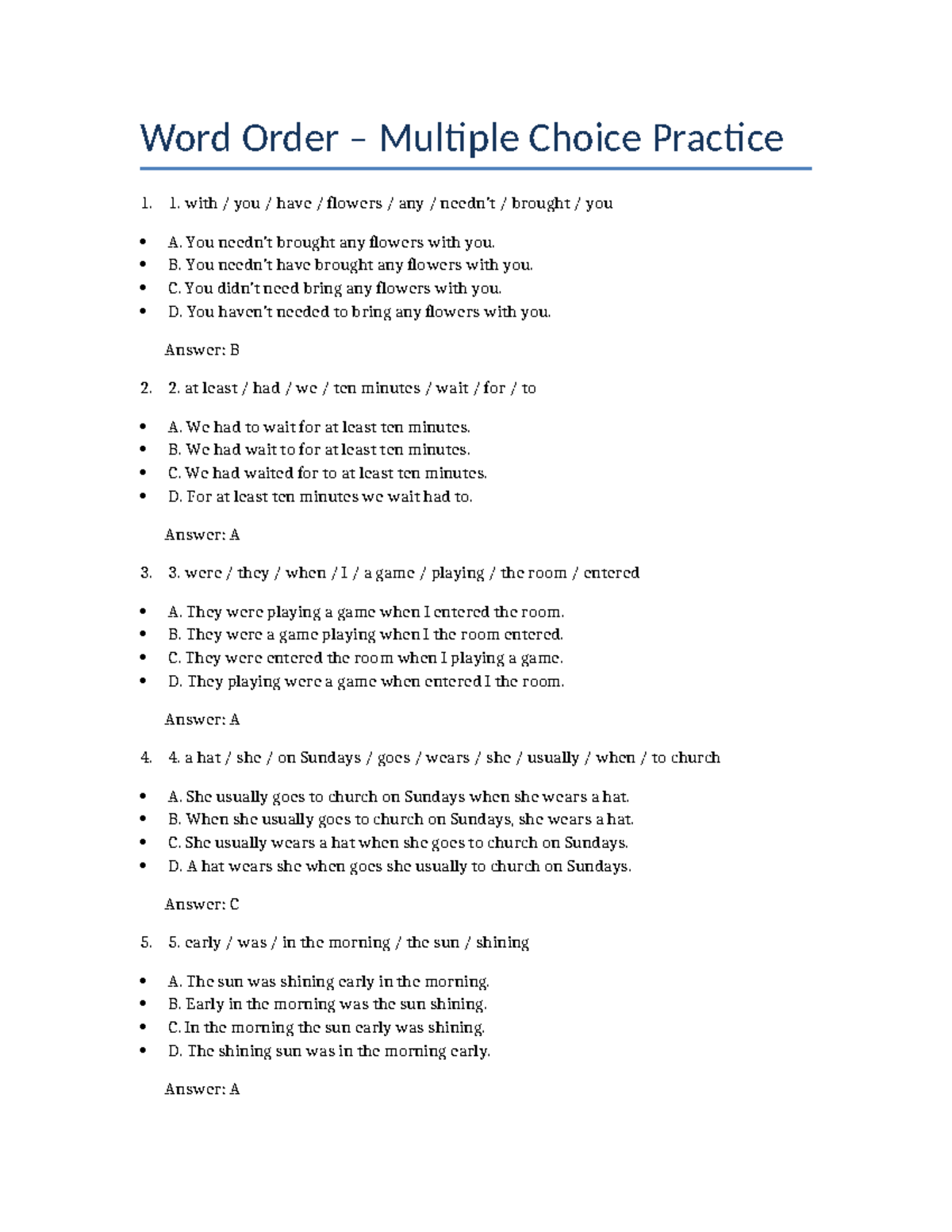 Word Order MCQ Practice 1: Multiple Choice Questions - Studocu