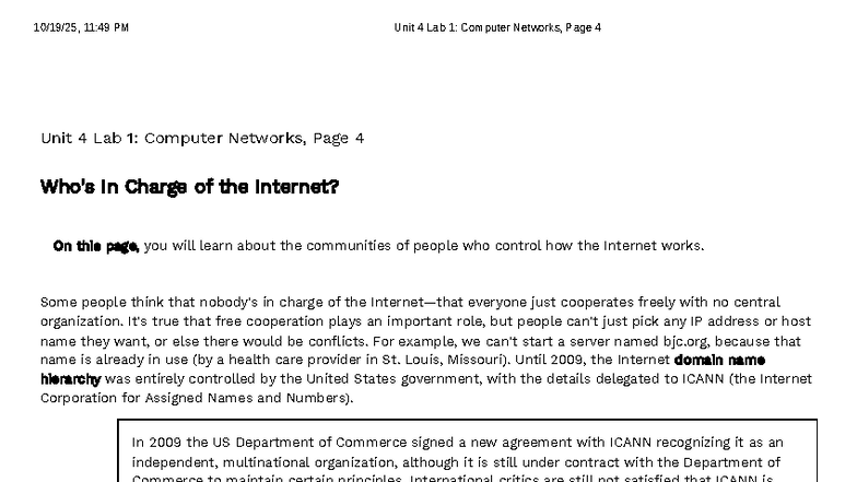 Unit 4 Lab 1: The Control and Protocols of Computer Networks - Studocu