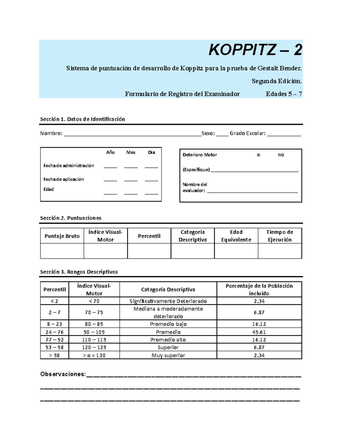 KOPPITZ 2 Protocolo de Evaluación para la Prueba de Gestalt Bender ...