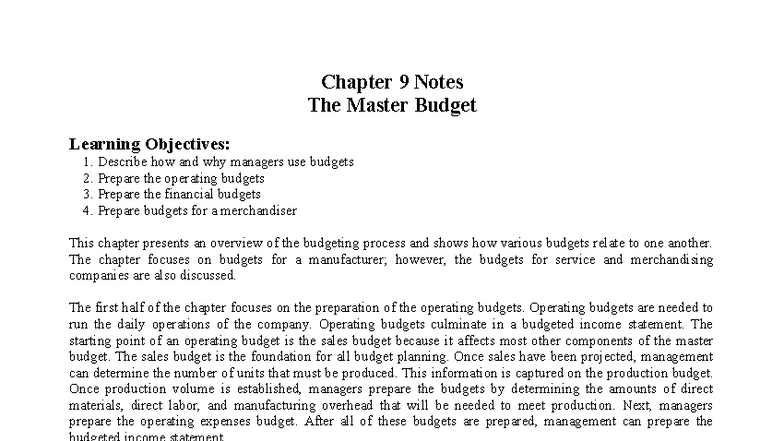 ACCT 2301 Chapter 9 Master Budget & Operating Budget Prep Notes - Studocu