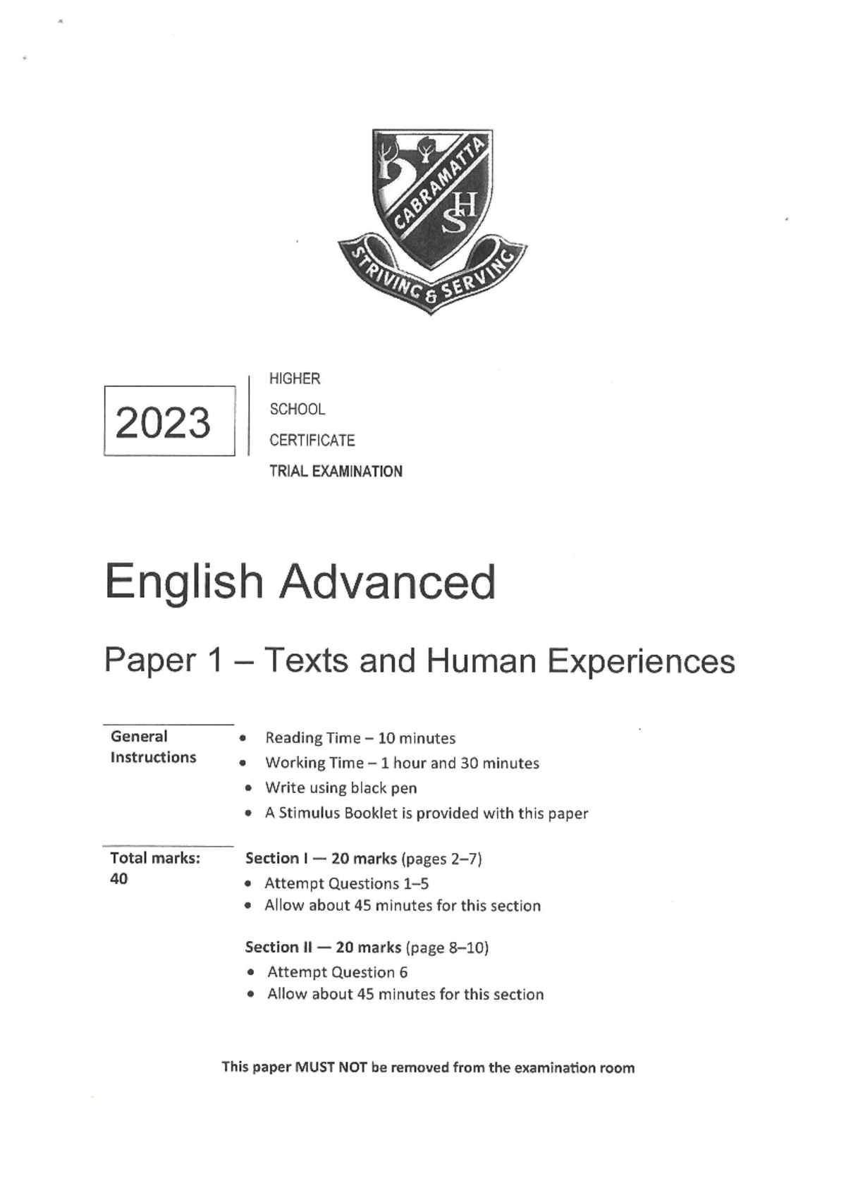 CABRAMATTA 2023 English Adv Trial Exam Questions & Answers - Studocu