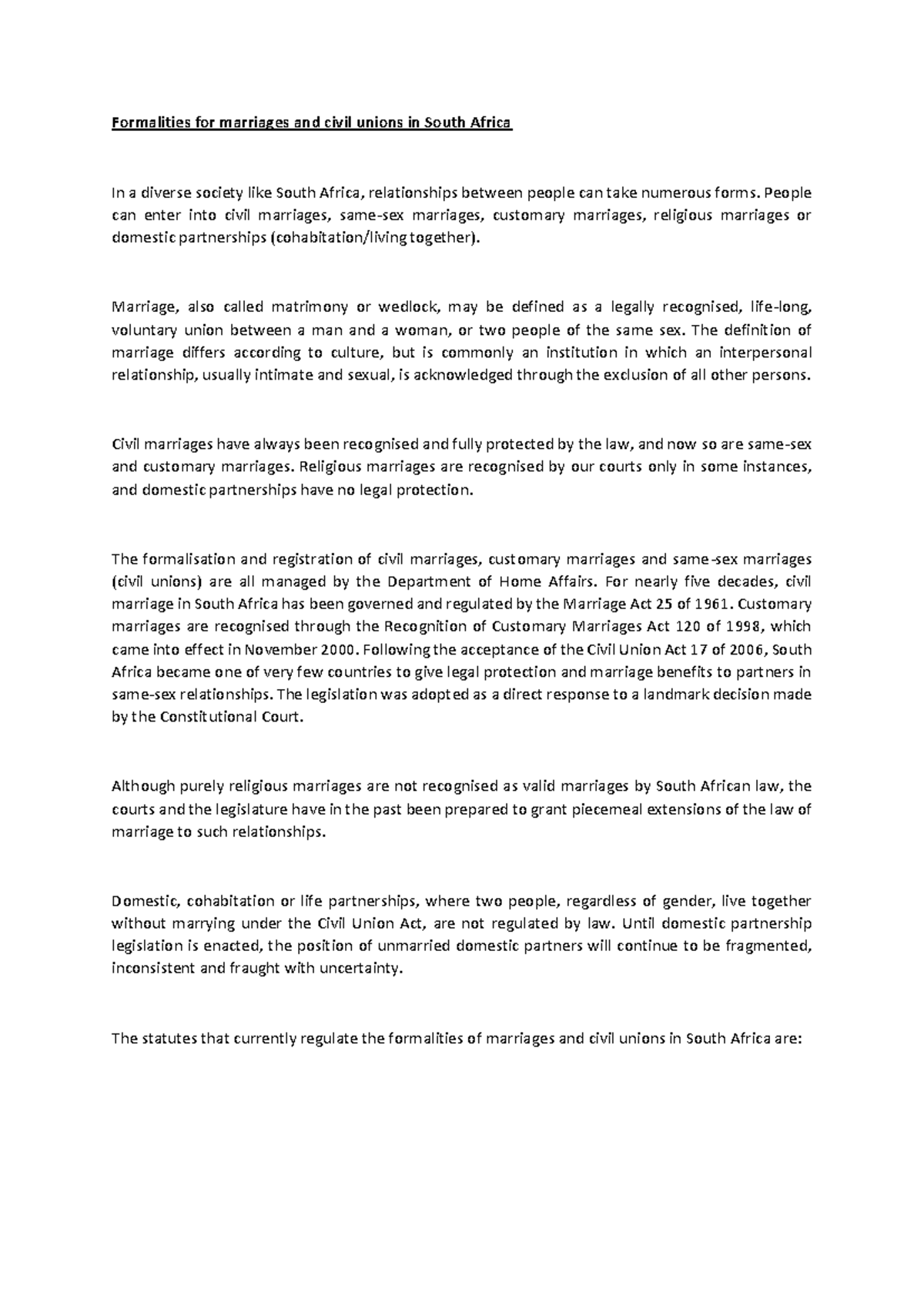 Formalities for Marriages and Civil Unions in SA: A Legal Guide - Studocu
