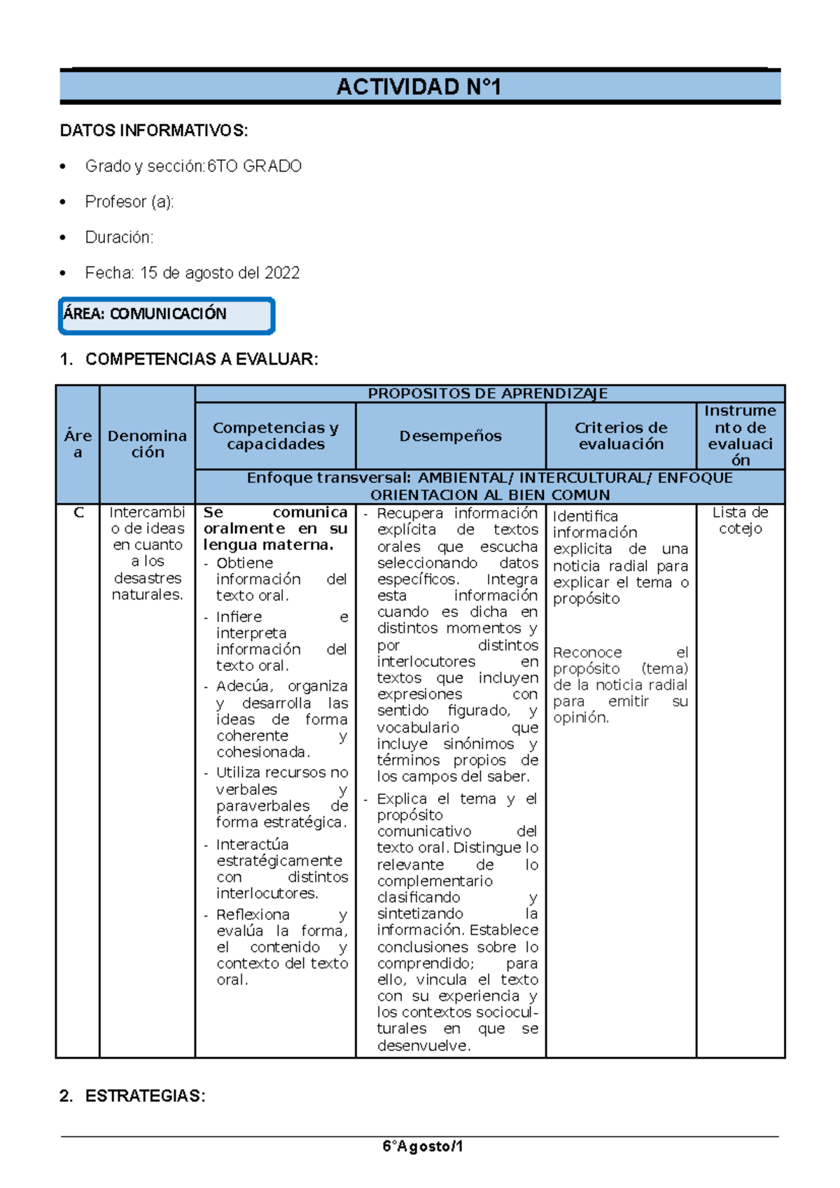 6° Grado - Actividad DEL DIA 15 DE Agosto - ACTIVIDAD N° DATOS ...