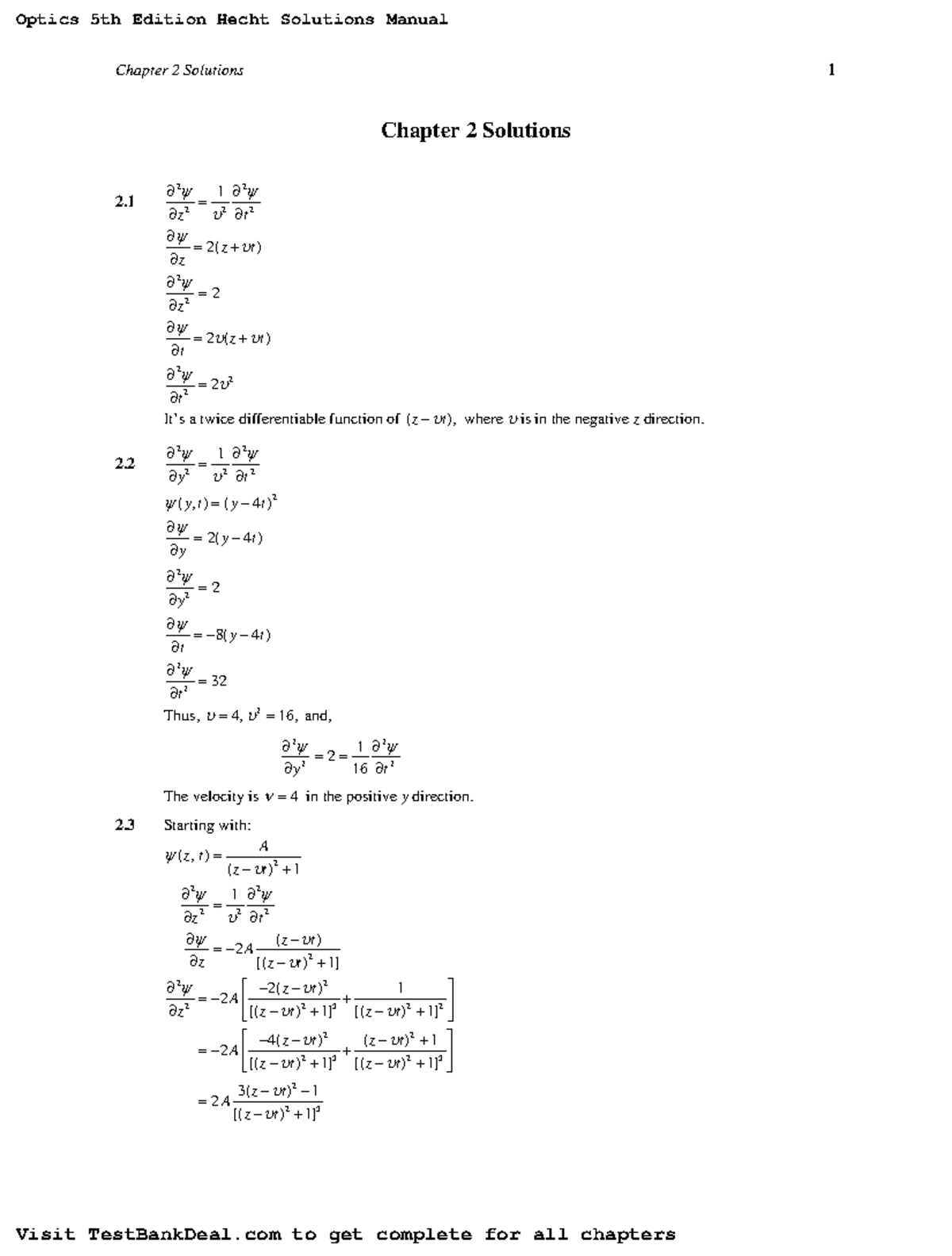 Optics 5th Edition Hecht Solutions Manual - Chapter 2 Solutions - Studocu