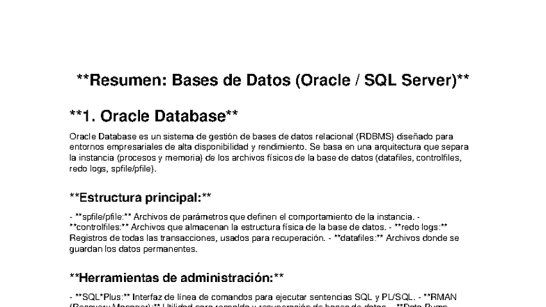 Resumen Día 4: Bases de Datos Oracle SQL y SQL Server - Studocu