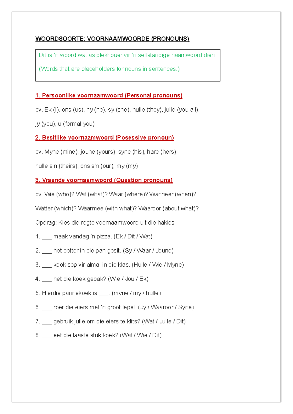 WOORDSOORTE: VOORNAAMWOORDE (PRONOUNS) LESSON NOTES - Studocu