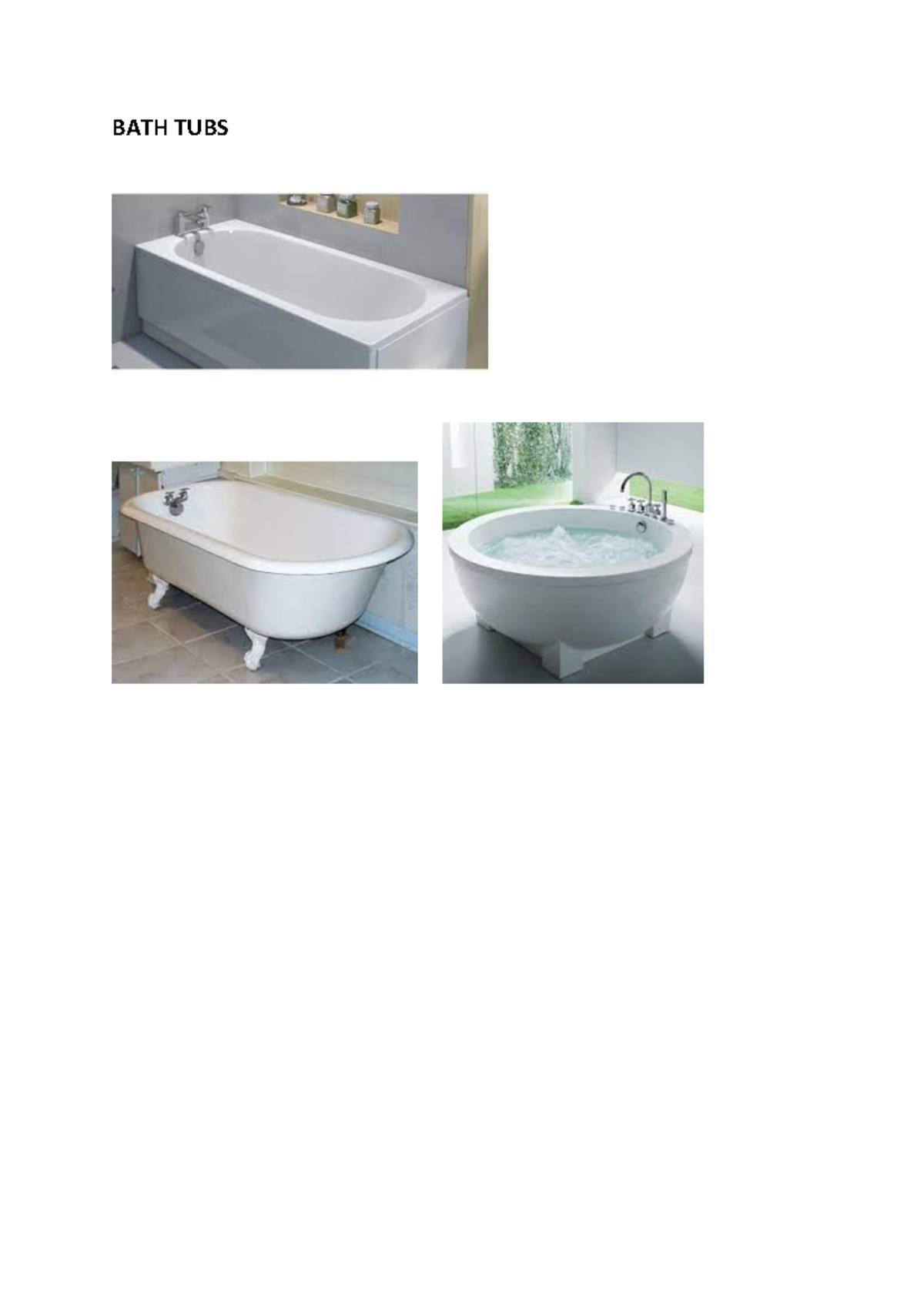 BATH-TUBS - bathtub types - Civil Engineering - BATH TUBS - Studocu