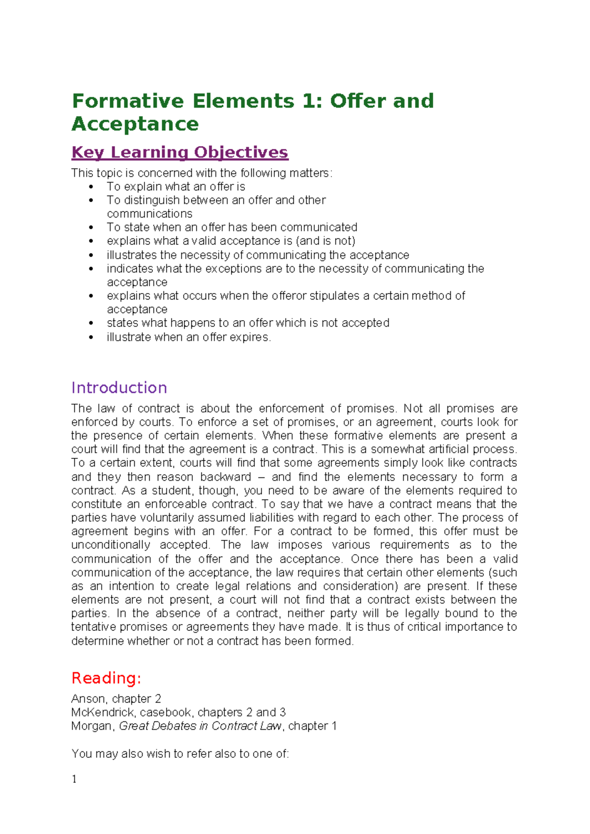 Formative Elements 1: Key Concepts of Offer & Acceptance in Contract ...