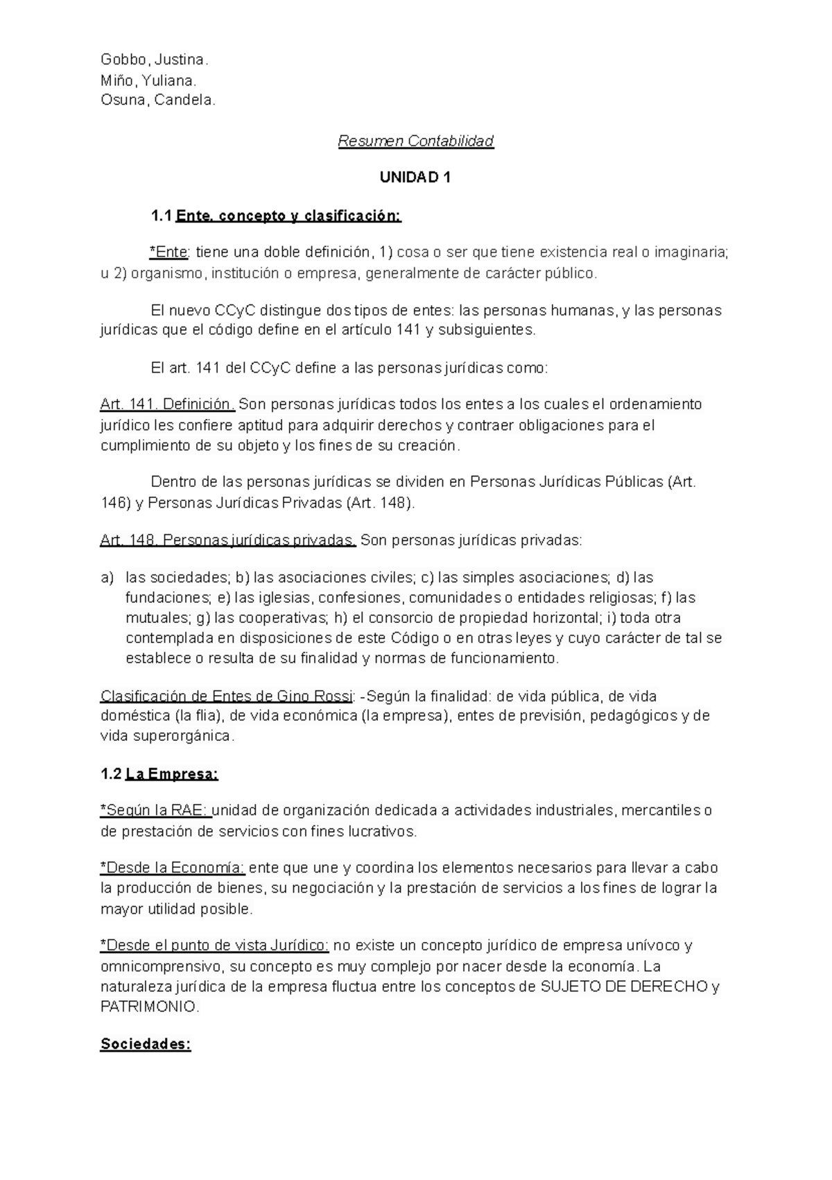Resumen Contabilidad UNIDAD 1: Ente, Concepto y Clasificación CCyC ...