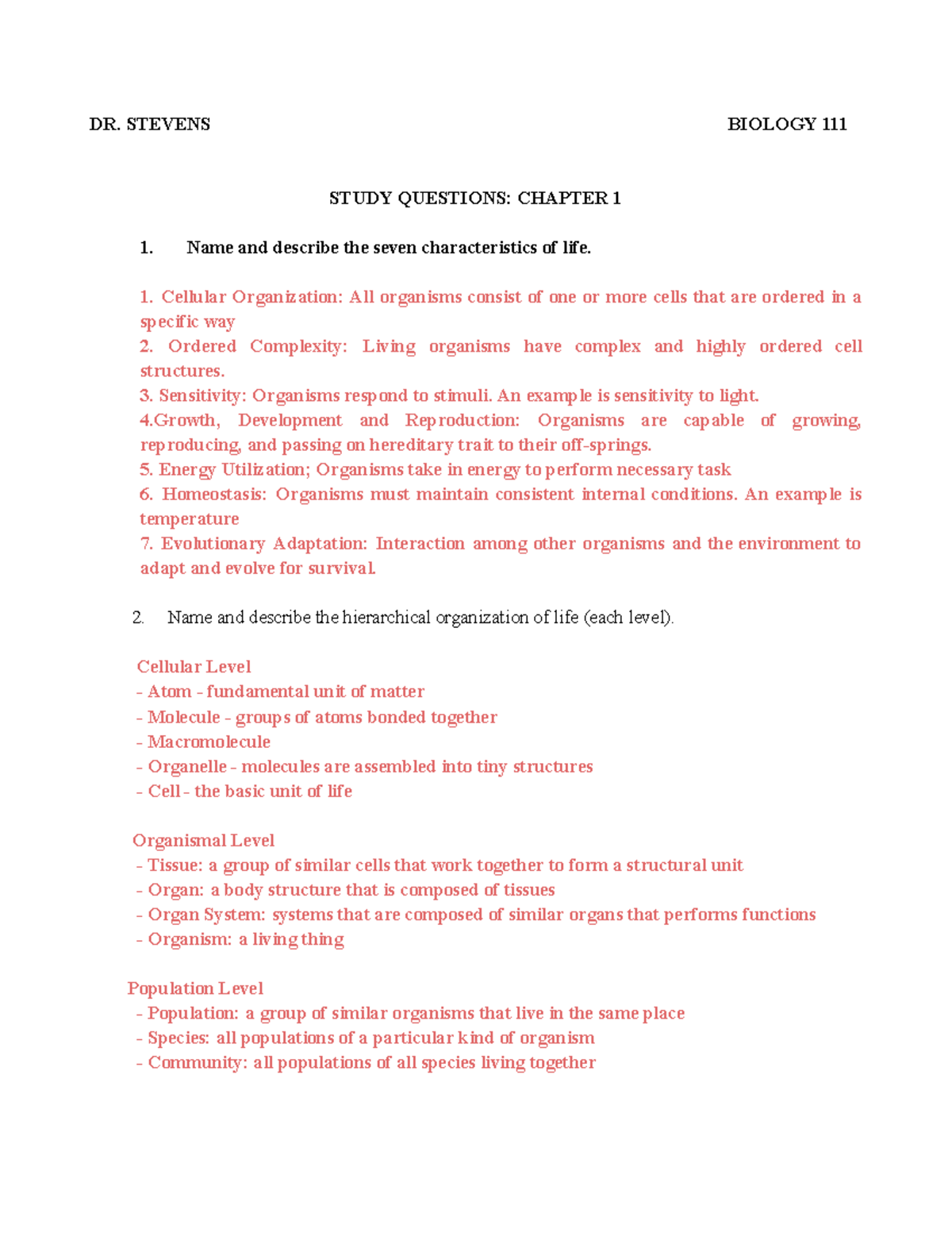 Biology 111 Study Questions: Chapter 1 Overview & Key Concepts - Studocu