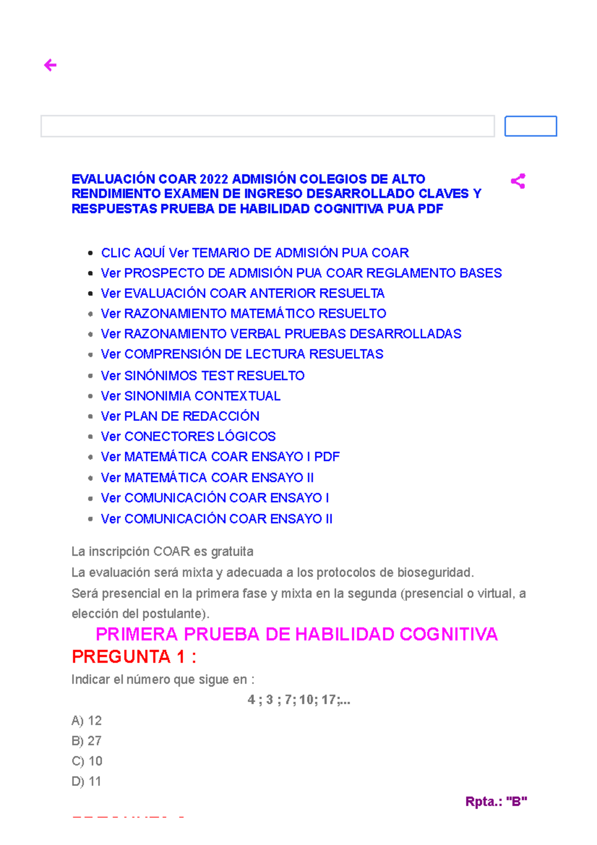 Evaluación de Habilidad Cognitiva COAR 2022 - Preguntas y Respuestas - Studocu