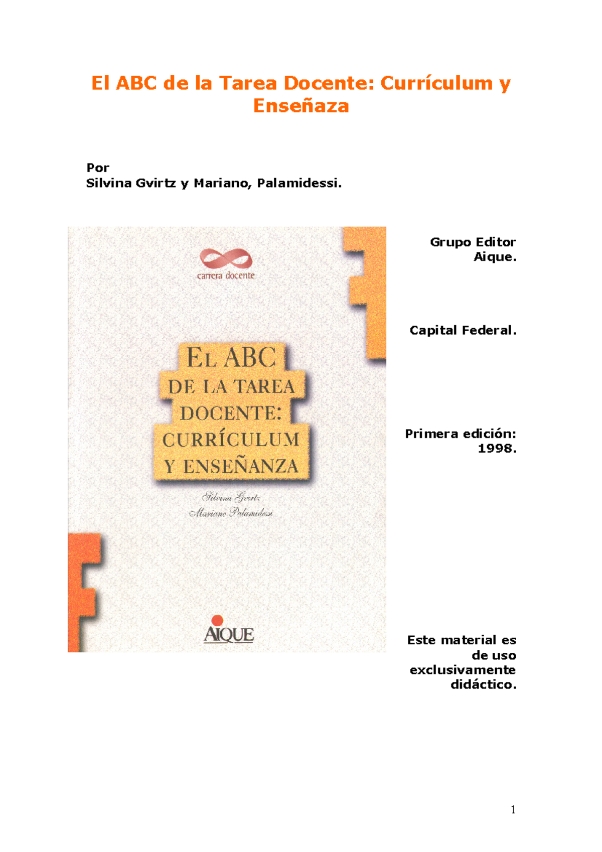 El ABC de la Tarea Docente: Currículum y Enseñanza - Gvirtz ...